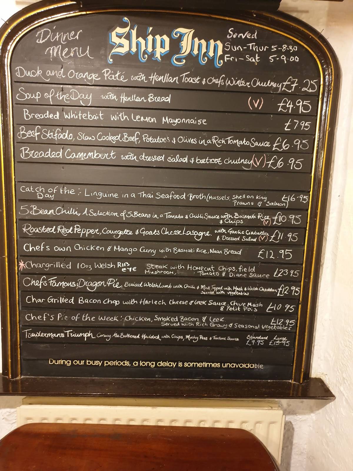 Menu at Ship Inn pub & bar, Pentraeth, Red Wharf Bay