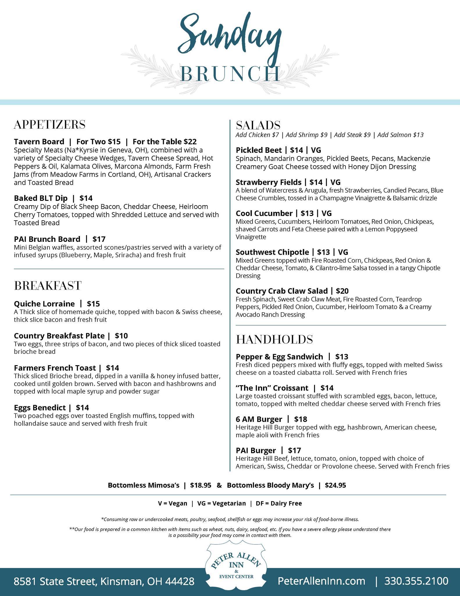 Menu at Peter Allen Inn & Event Center pub & bar, Kinsman