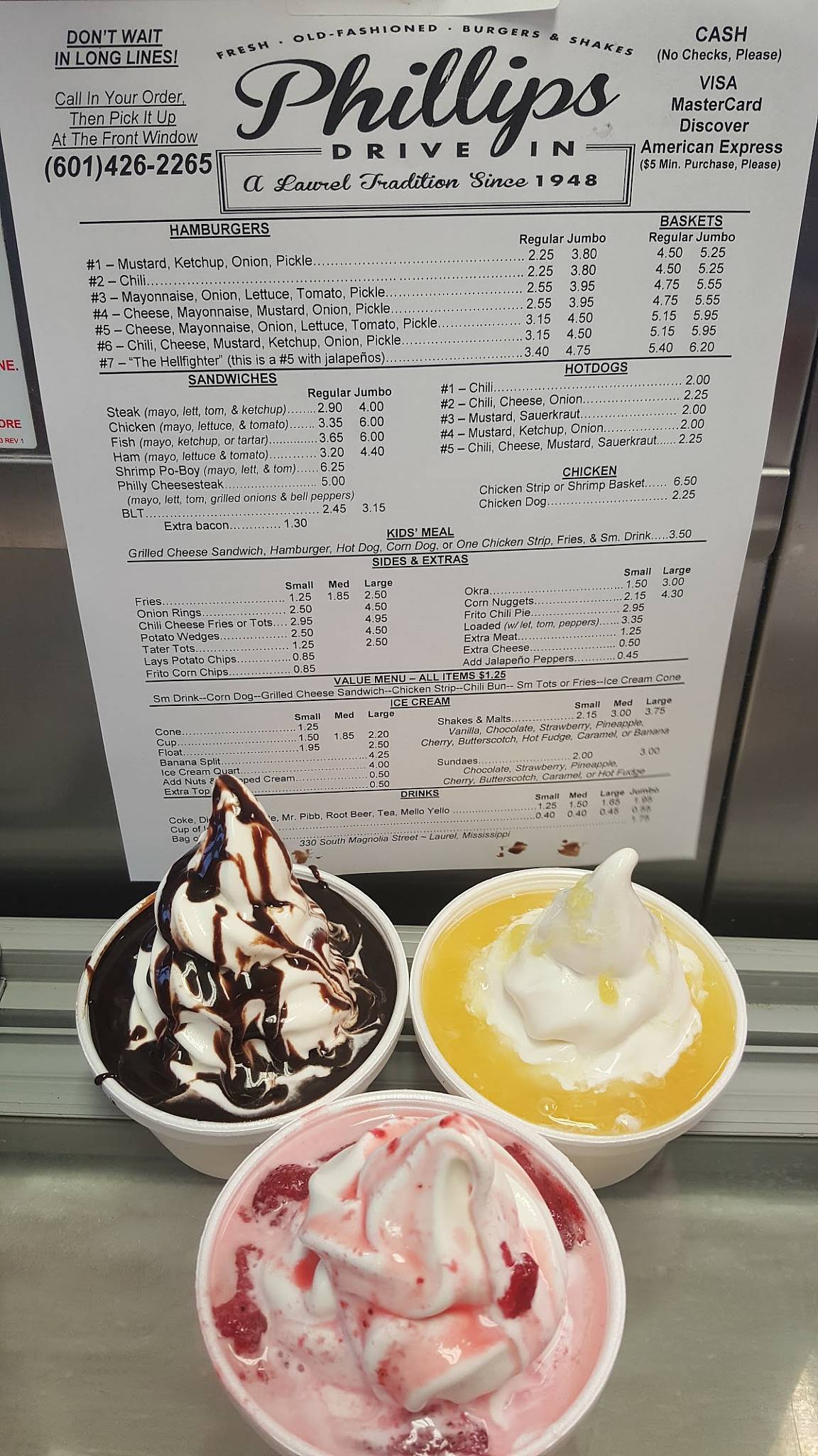 Menu at Phillips Drive-In restaurant, Laurel
