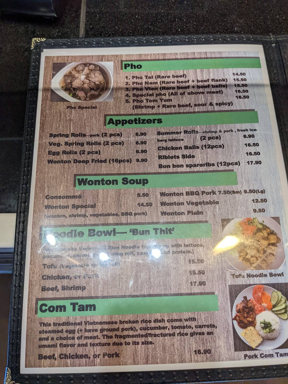 Menu at Pho Umami restaurant, Thunder Bay