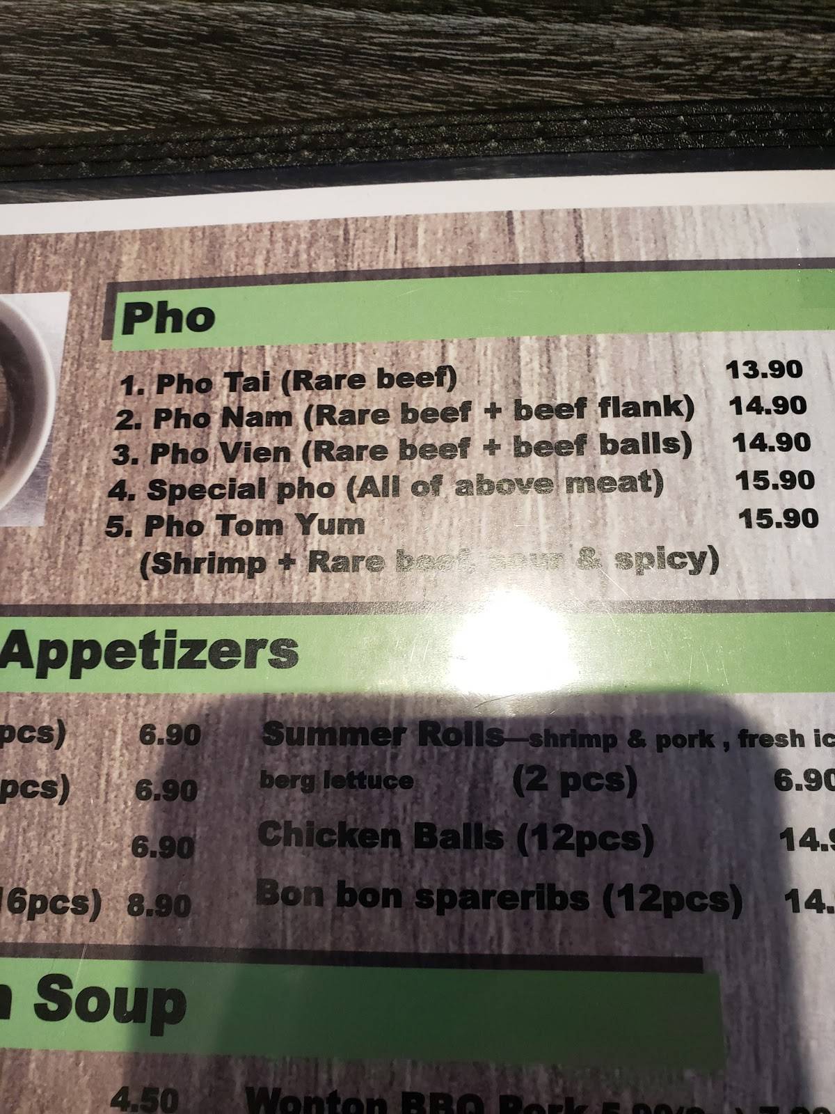 Menu at Pho Umami restaurant, Thunder Bay