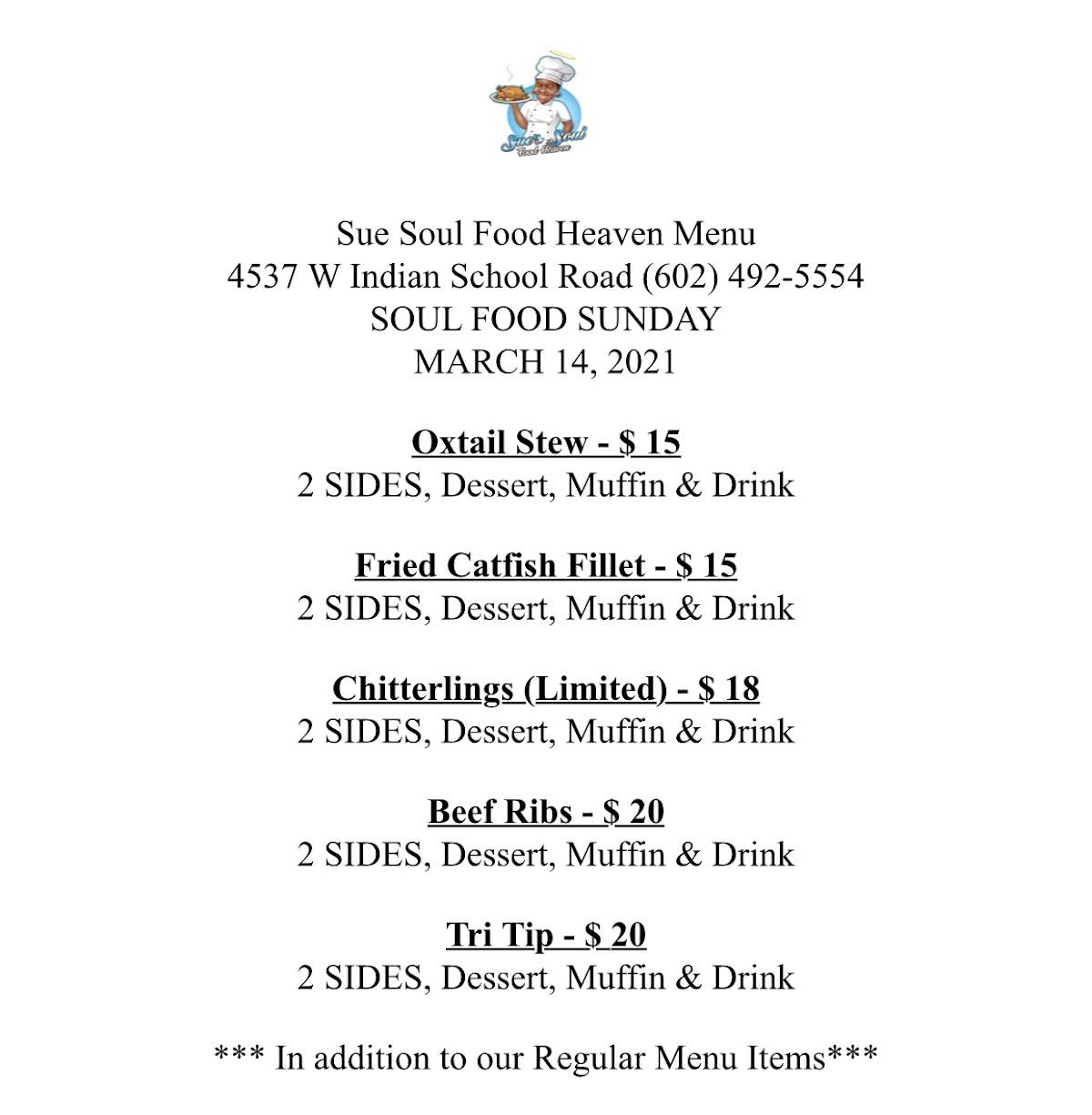 Menu at Sue Soul Food Heaven restaurant, Phoenix