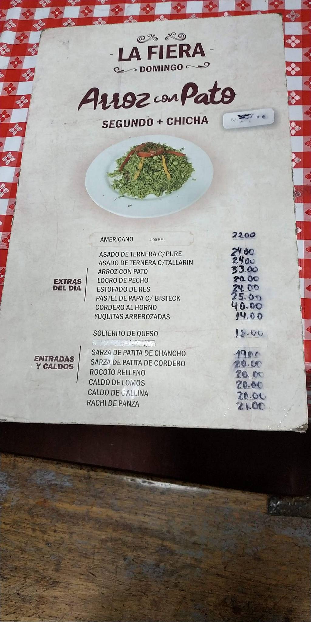 Carta del restaurante Picantería La Fiera, Mariano Melgar