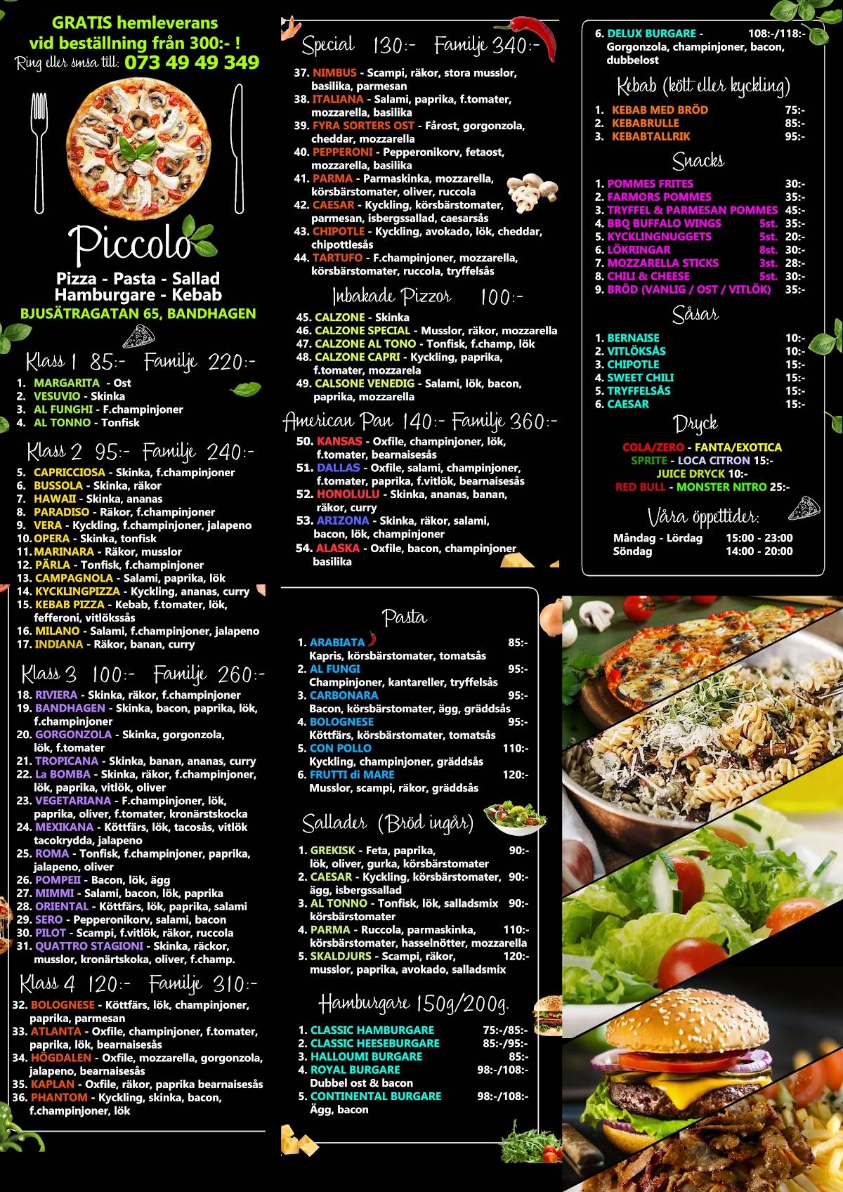 Menu at Piccolo Pizza restaurant, Stockholm