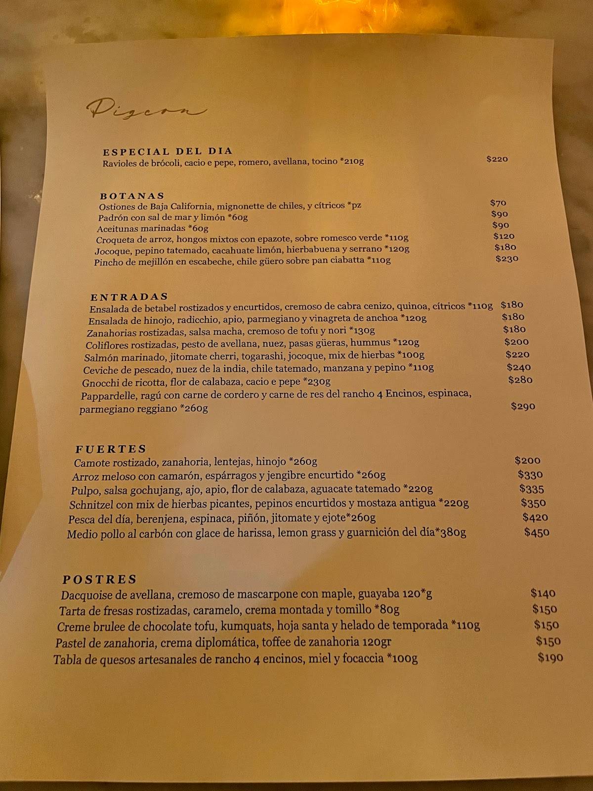 Menu at Pigeon restaurant, Mexico City