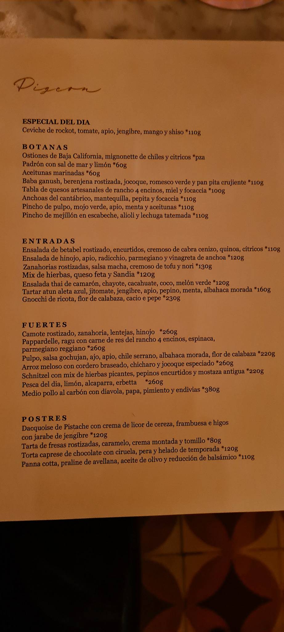 Menu at Pigeon restaurant, Mexico City