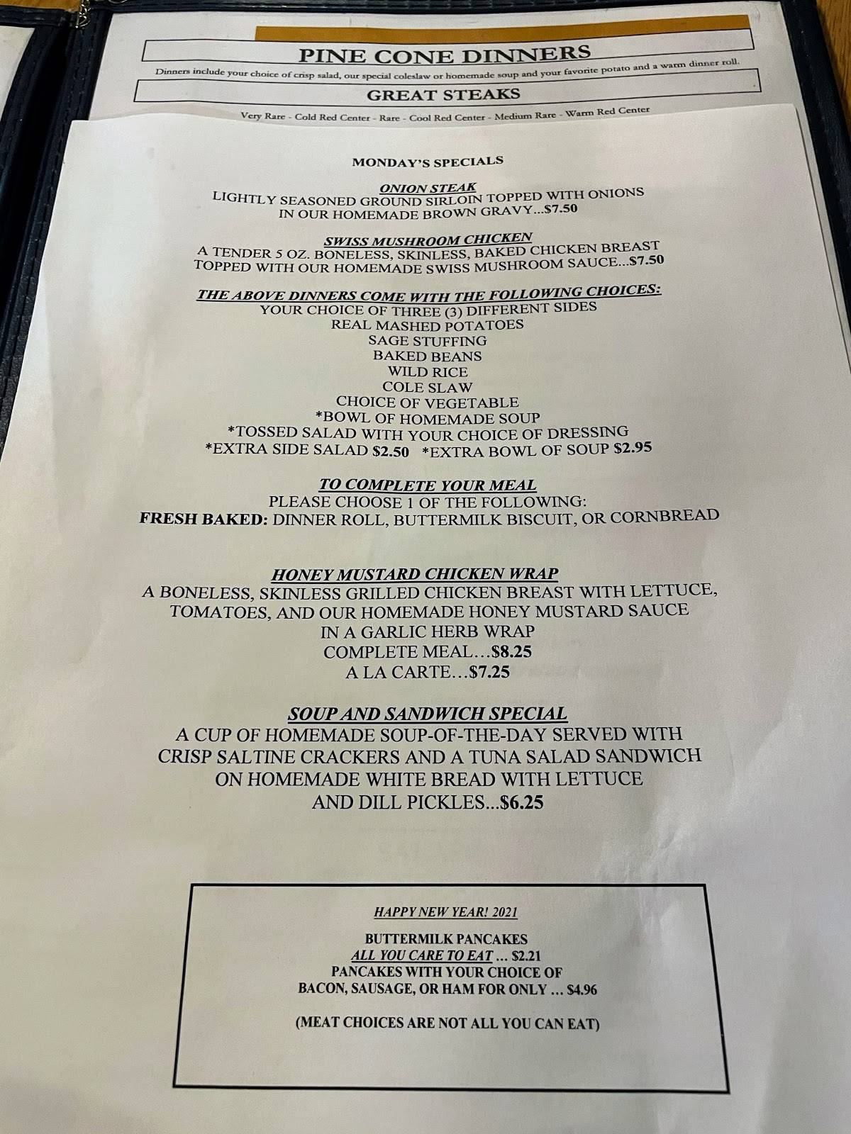 Menu at Pine Cone Restaurant, Johnson Creek