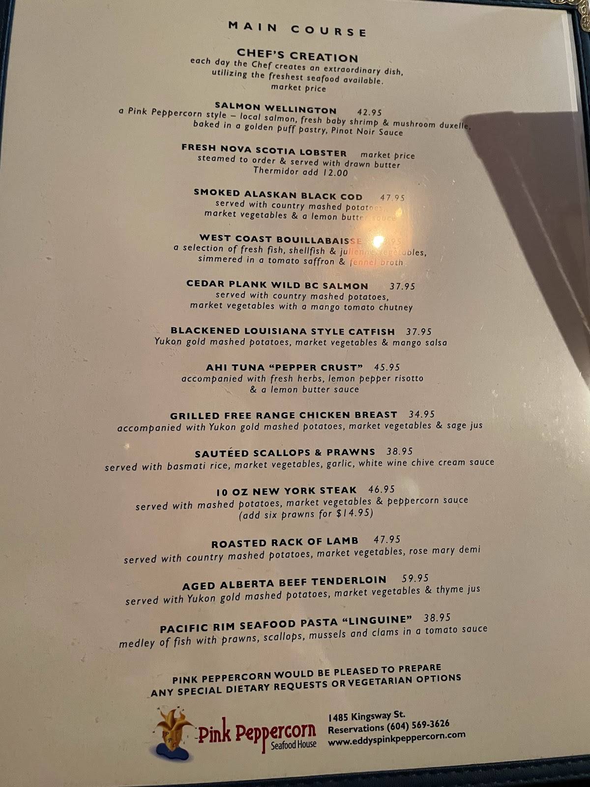 Menu at Pink Peppercorn Seafood House restaurant, Vancouver