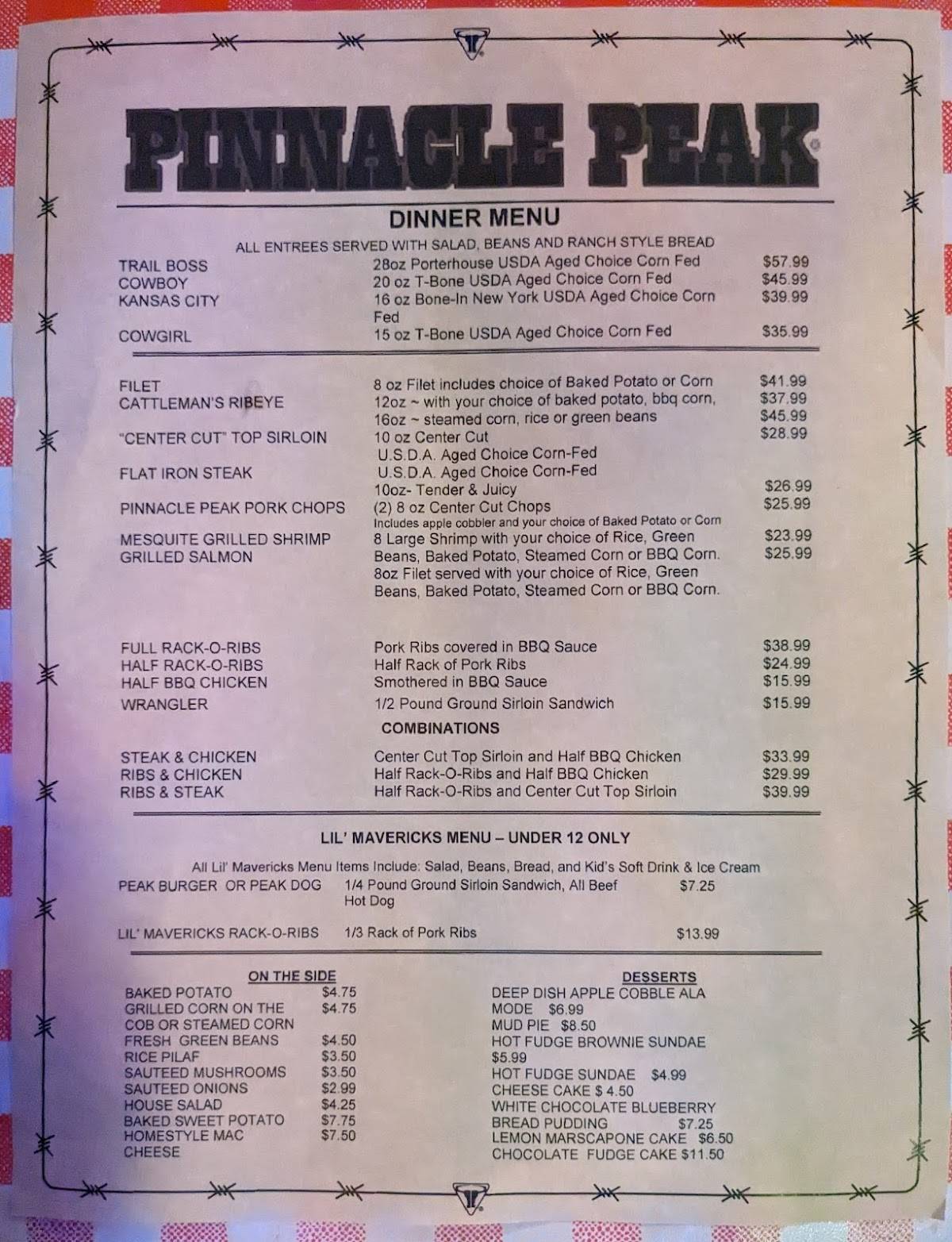 Menu at Pinnacle Peak Steakhouse, San Dimas