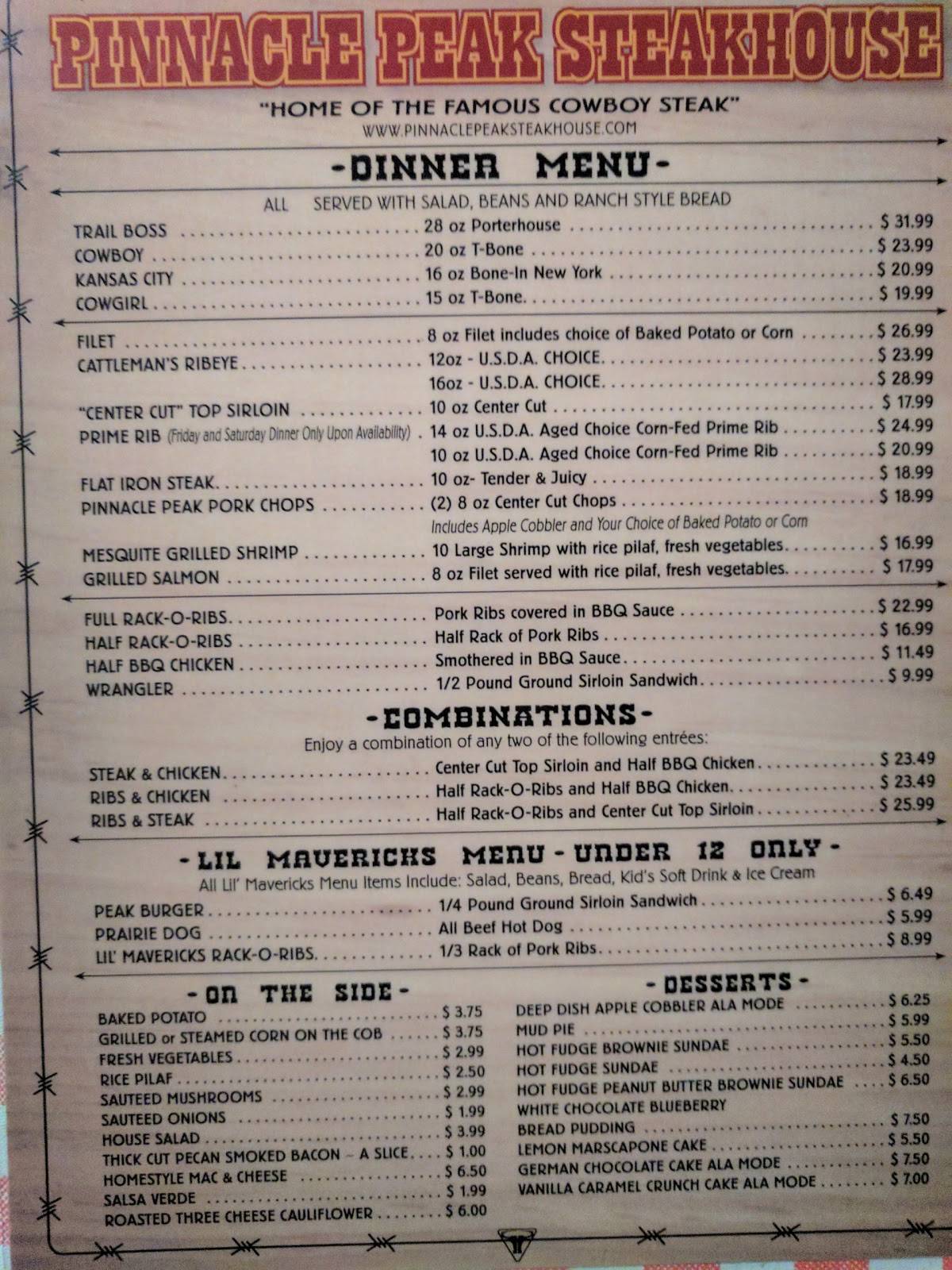 Menu at Pinnacle Peak Steakhouse, San Dimas