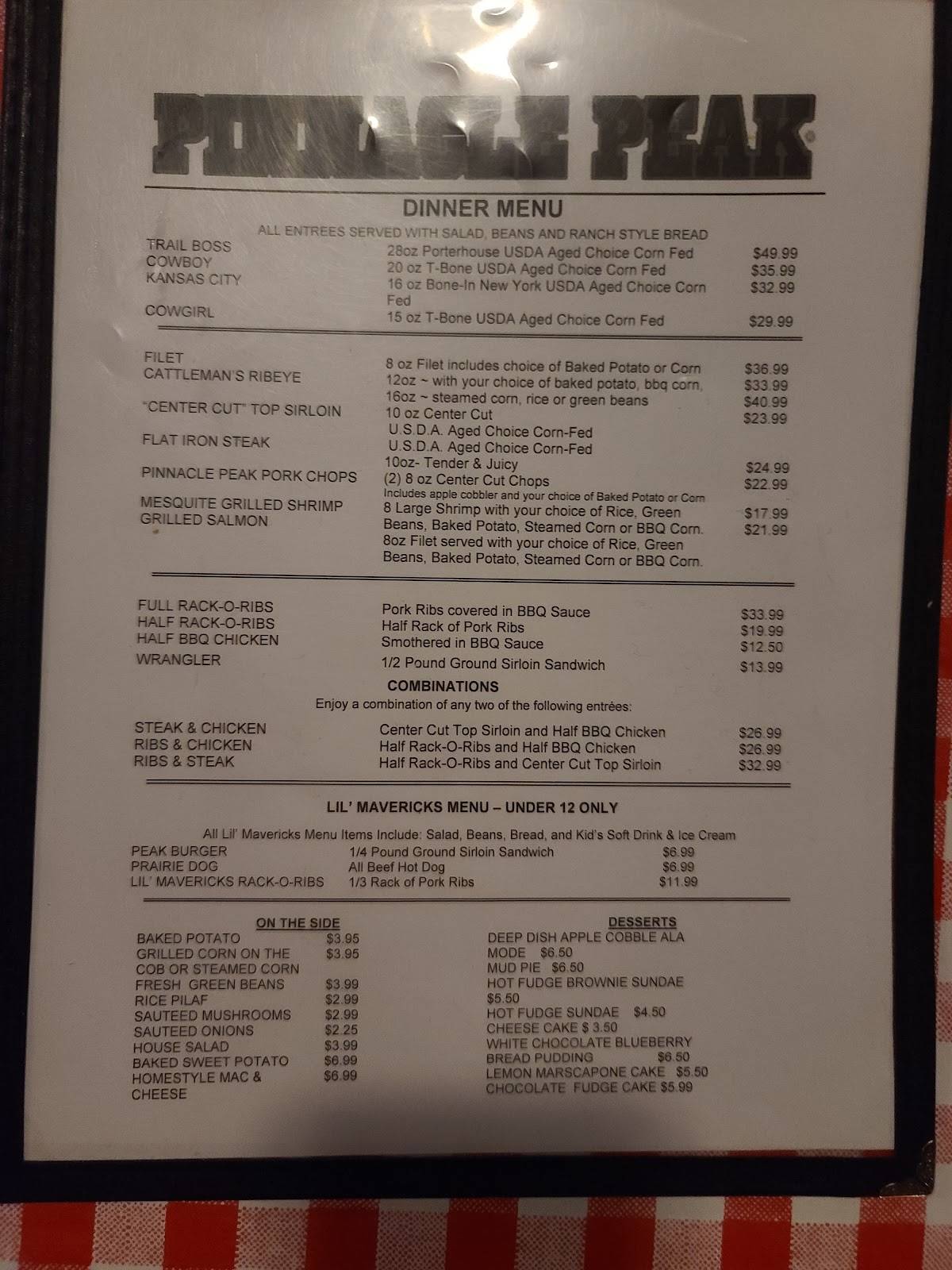Menu at Pinnacle Peak Steakhouse, San Dimas