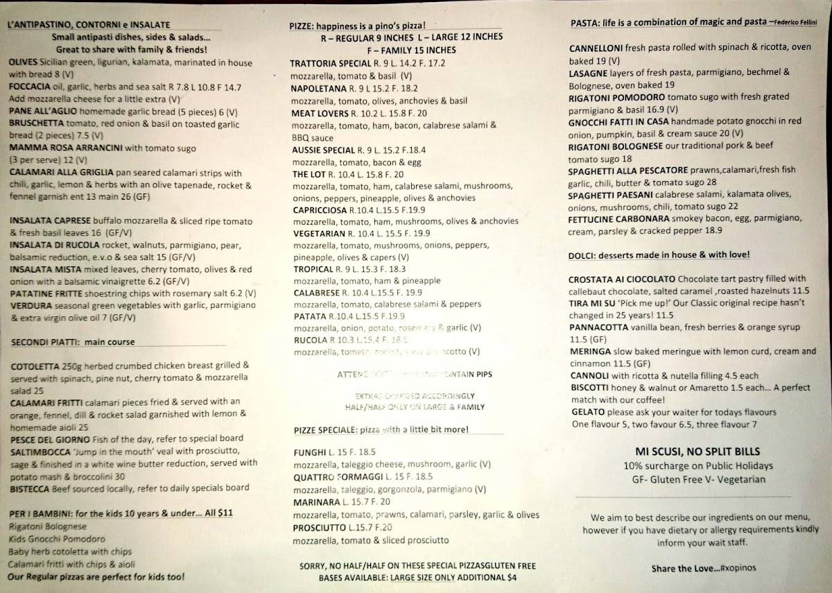 Menu at Pino's Trattoria restaurant, Cowes