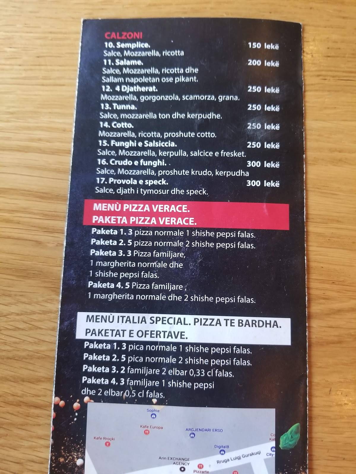 Menu at Pizzarte restaurant, Tirana