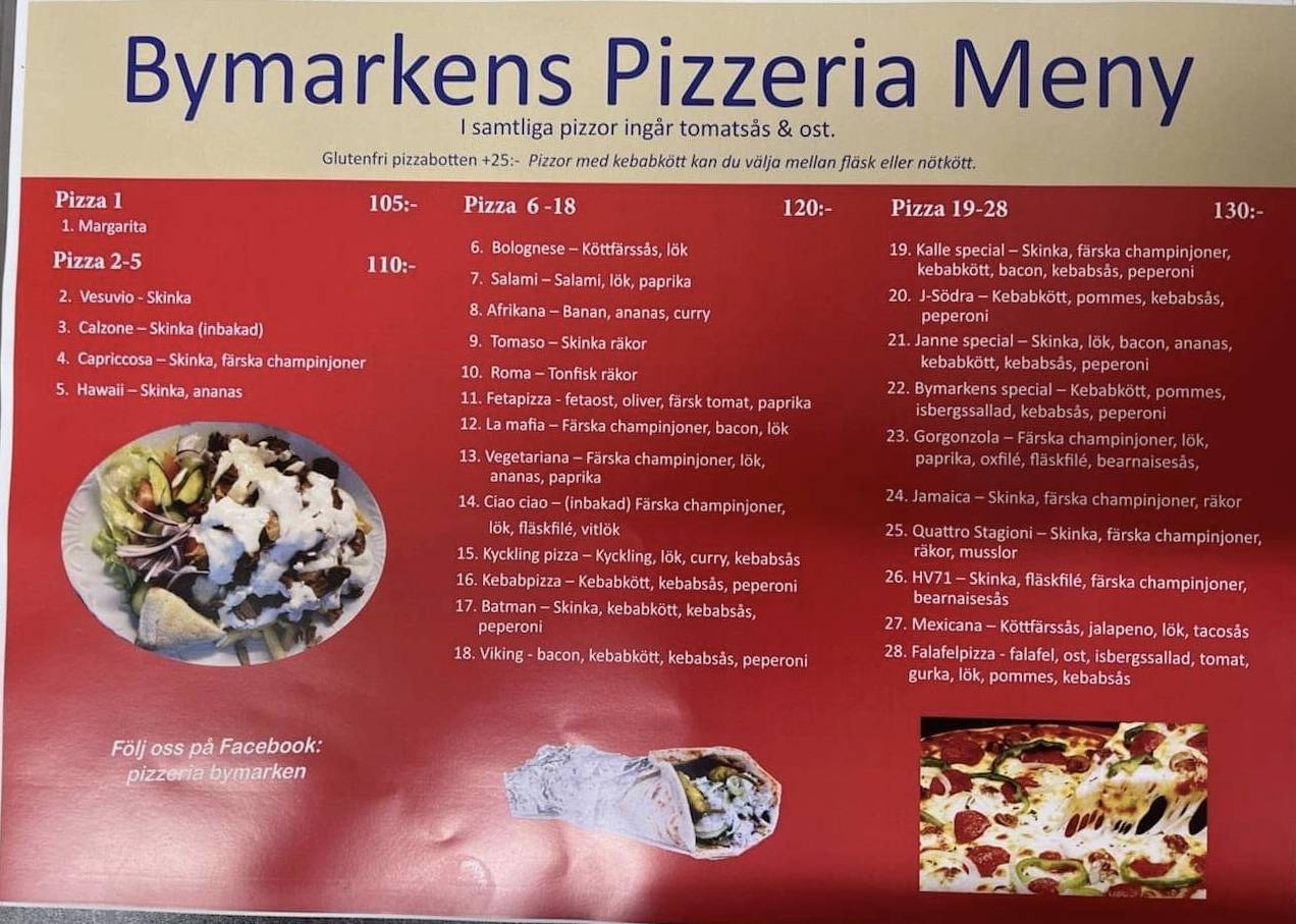 Menu at Bymarkens Pizzeria, Jönköping