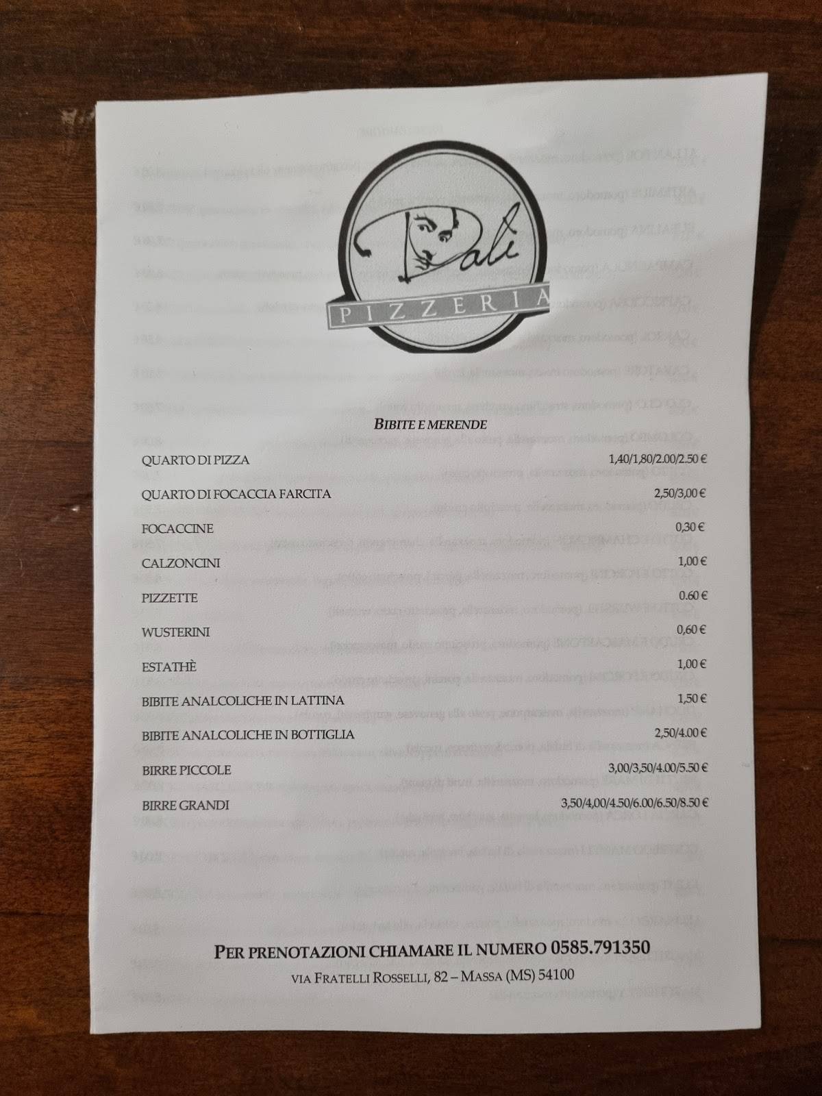 Menu at Pizzeria Dalì, Massa