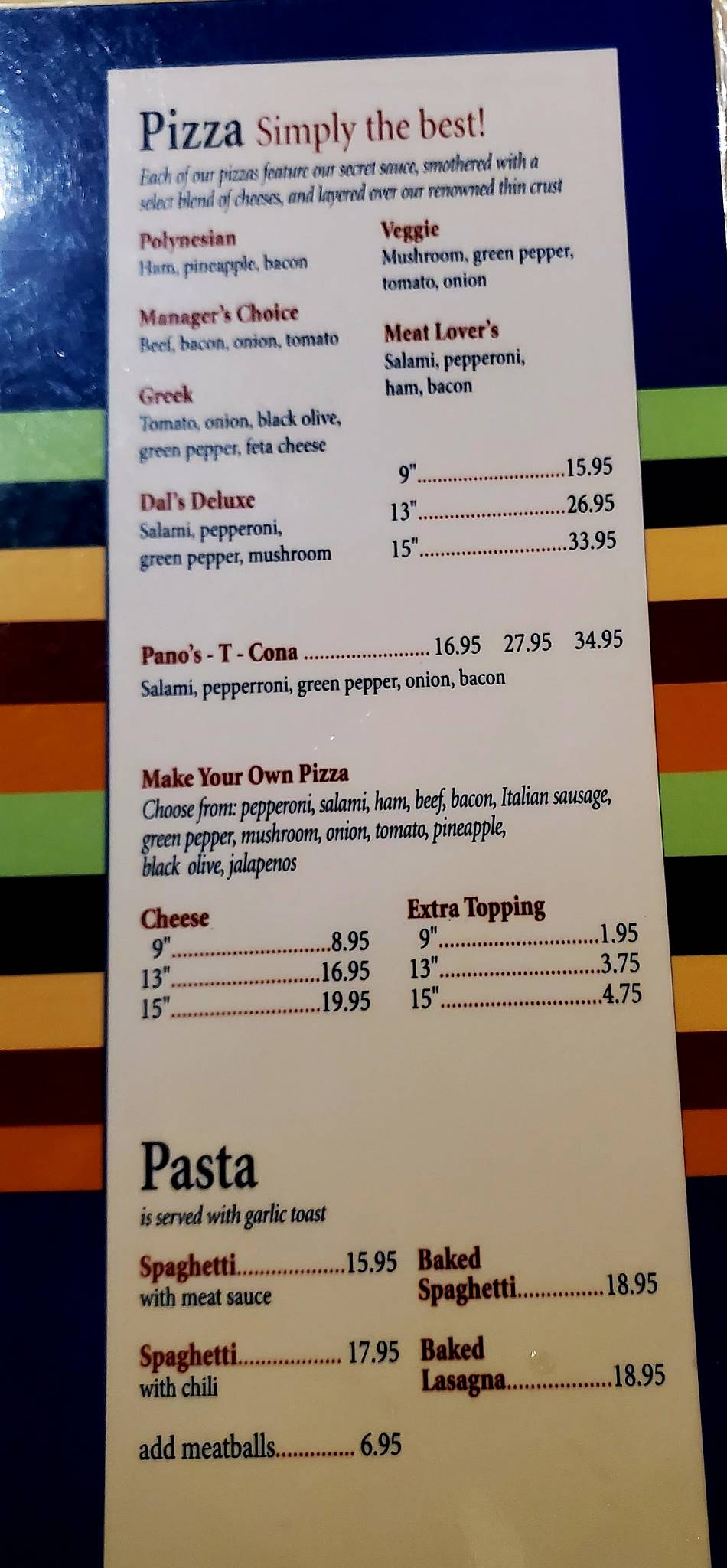 Menu at Dal's Restaurant & Lounge, Winnipeg, 701 Regent Ave W