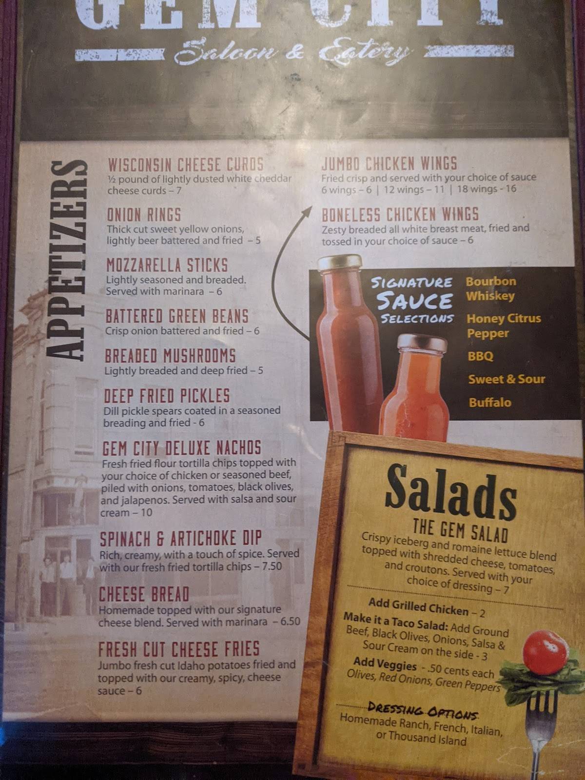Menu at Gem City Saloon & Eatery pizzeria, Baraboo