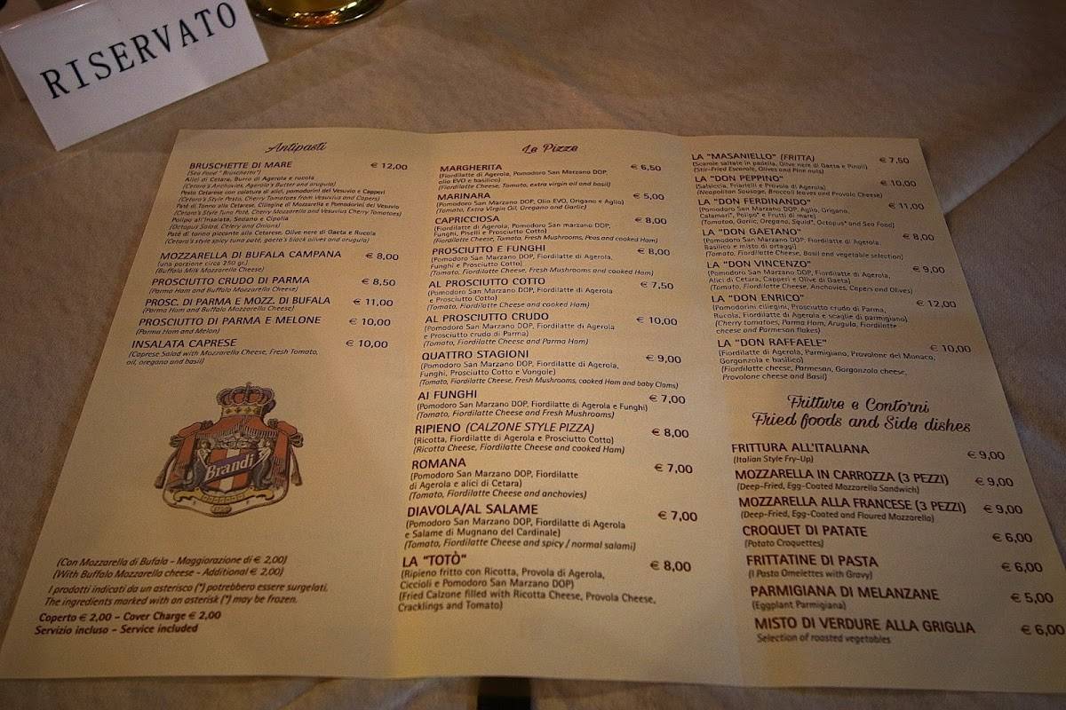 Menu at Pizzeria Brandi, Naples, Salita S. Anna di Palazzo