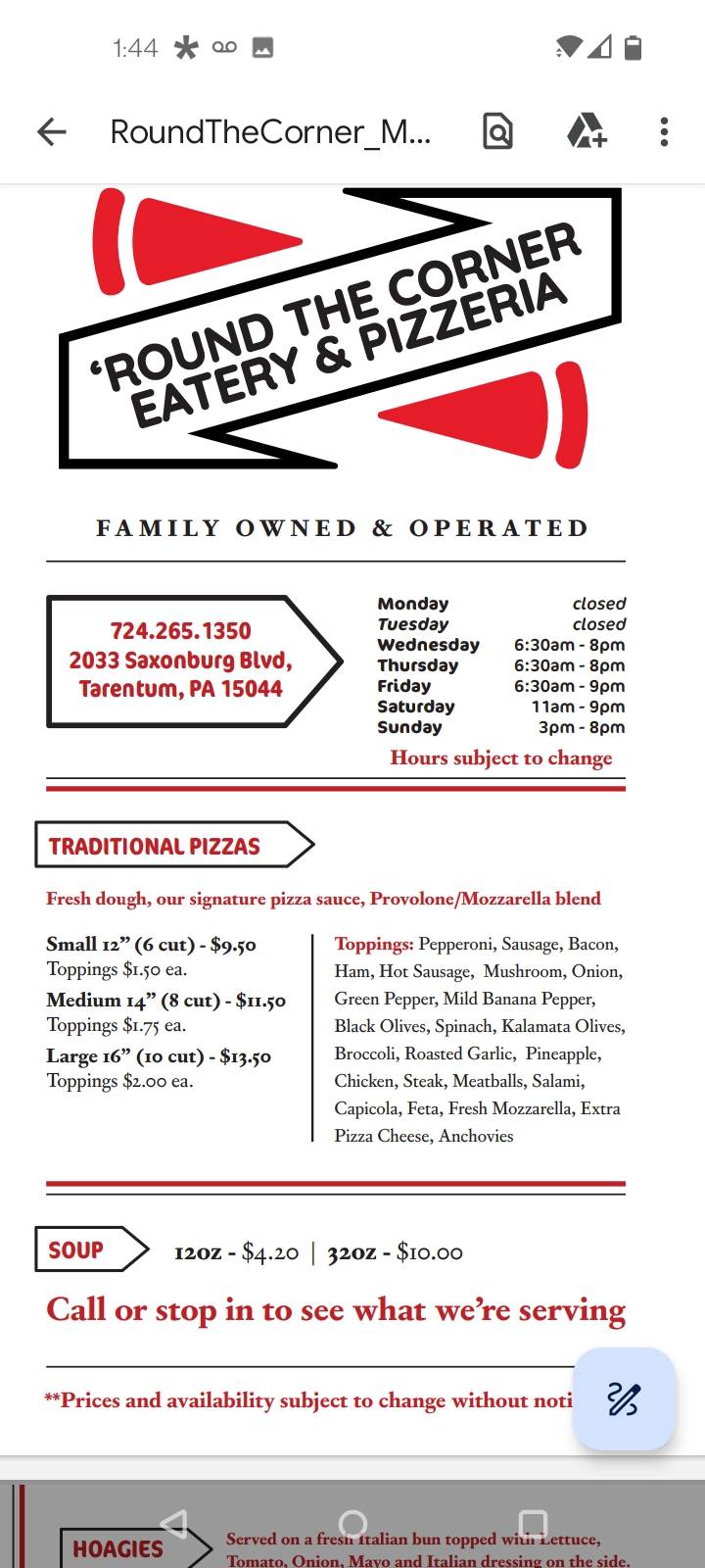 Menu at Round The Corner Eatery & Pizzeria, Curtisville