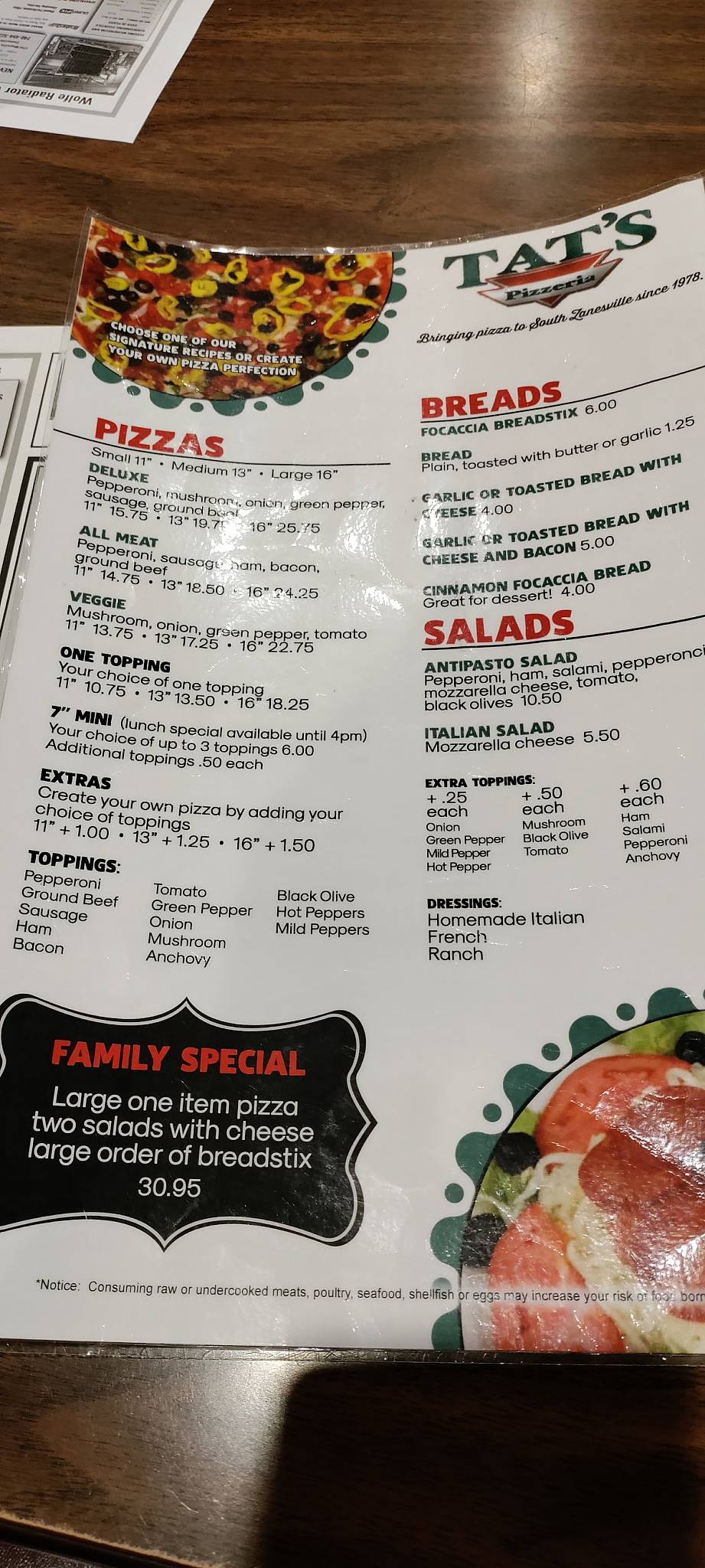 Menu at Tat's Pizzeria, Zanesville