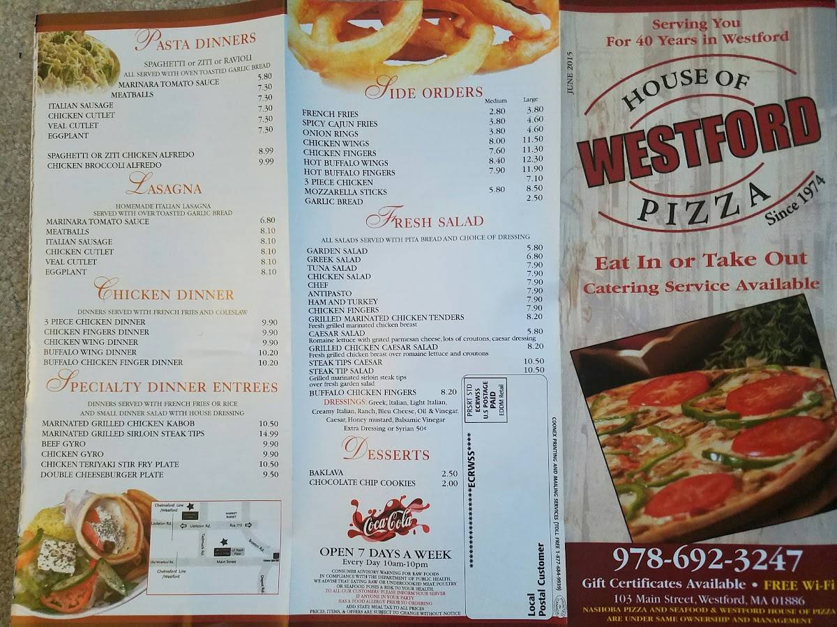 Menu at Westford House of Pizza pizzeria, Westford