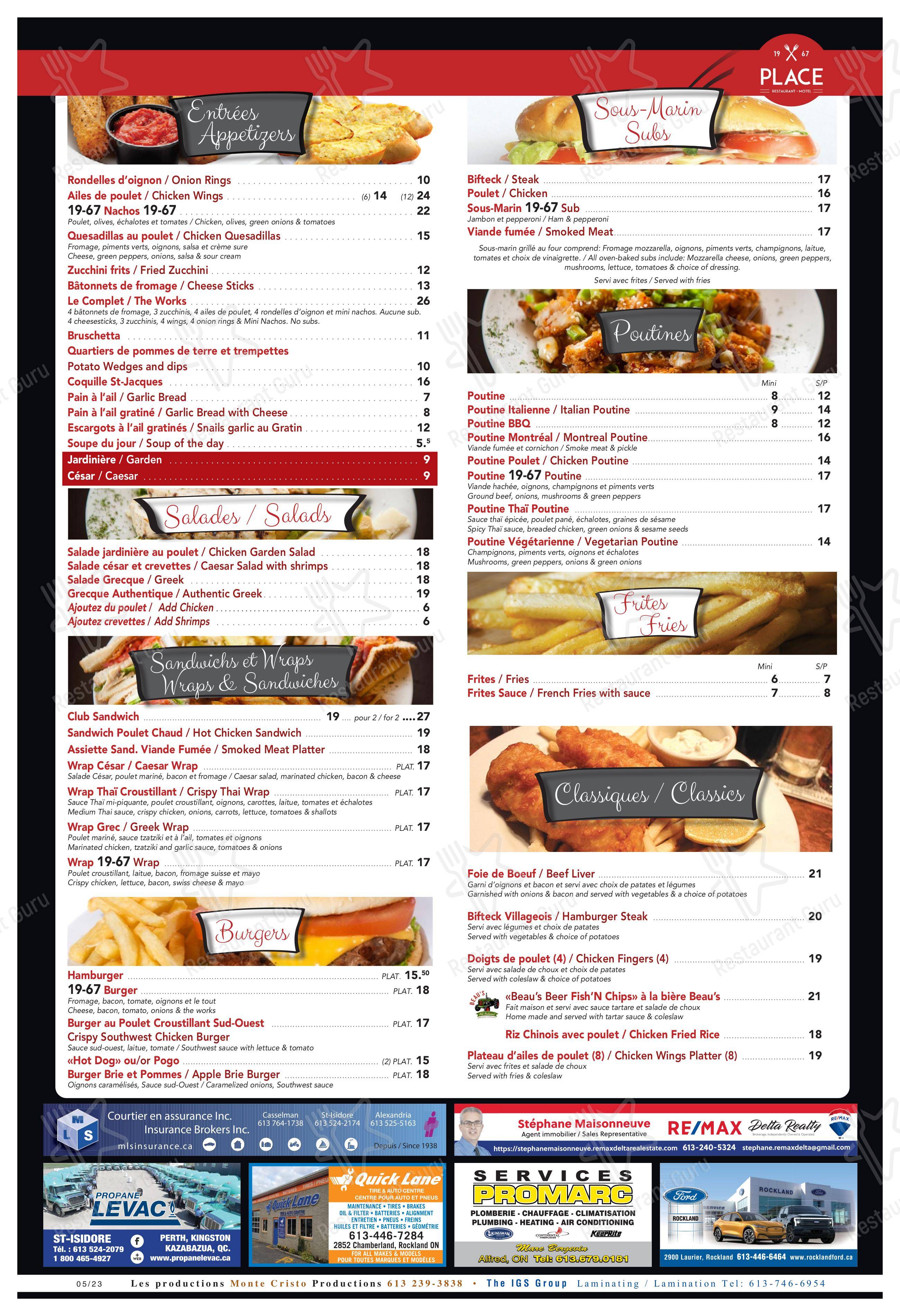 Menu at Place 19-67 Motel Restaurant, Plantagenet