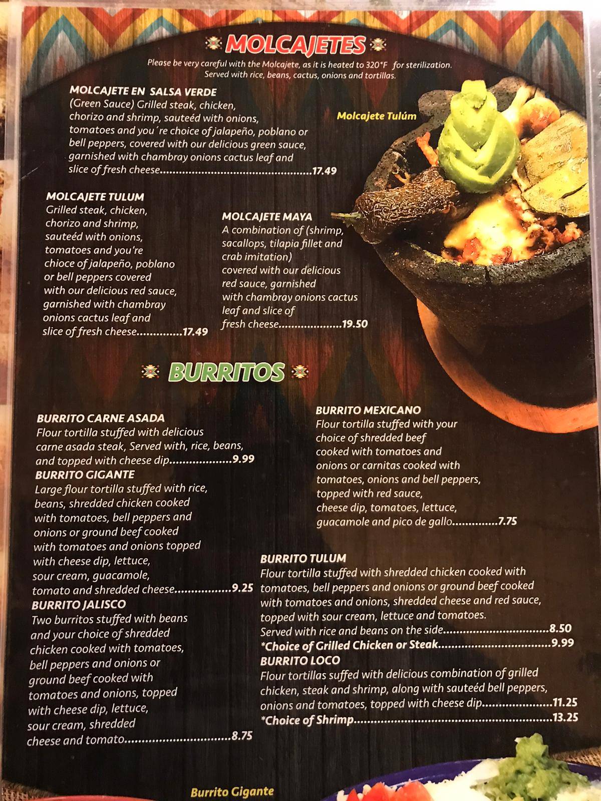 Menu at Tulum restaurant, Plover