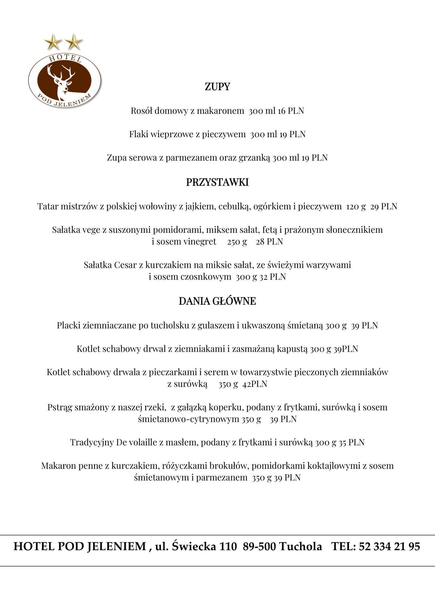 Menu at Pod Jeleniem. Hotel restaurant, Tuchola