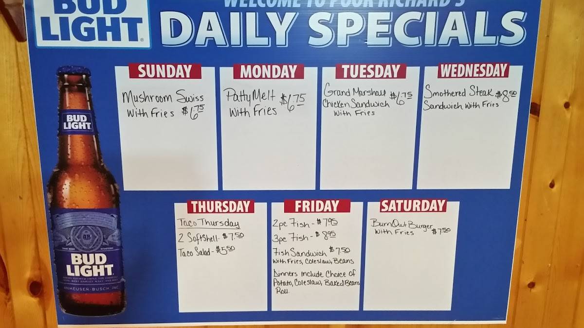Menu at Poor Richard's Bar, Baraboo