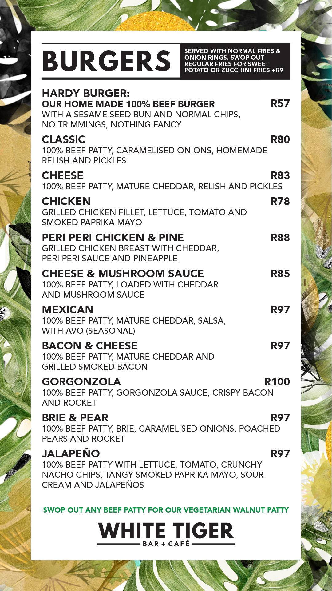 Menu at White Tiger Bar+Cafe, Port Elizabeth