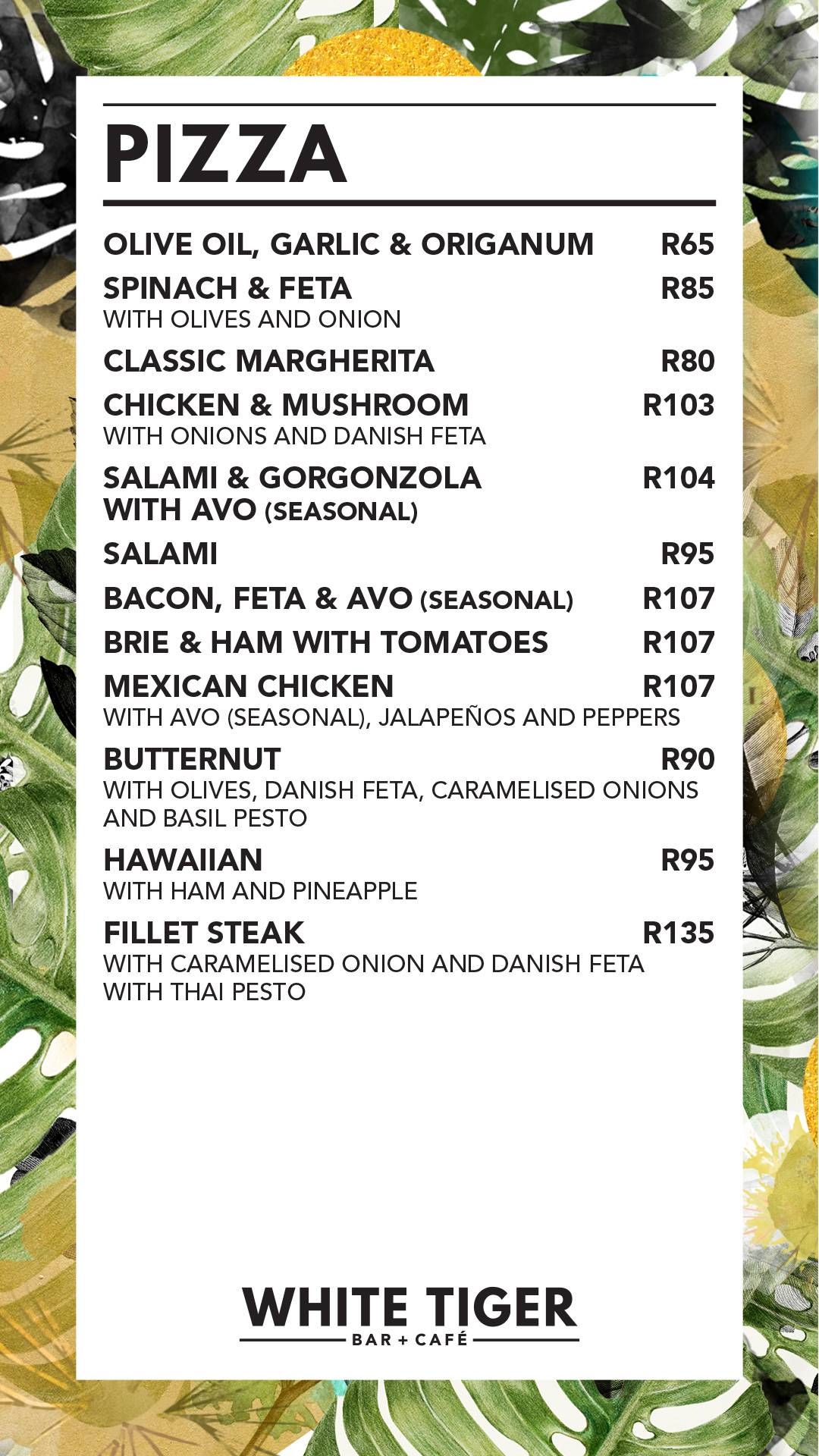 Menu at White Tiger Bar+Cafe, Port Elizabeth