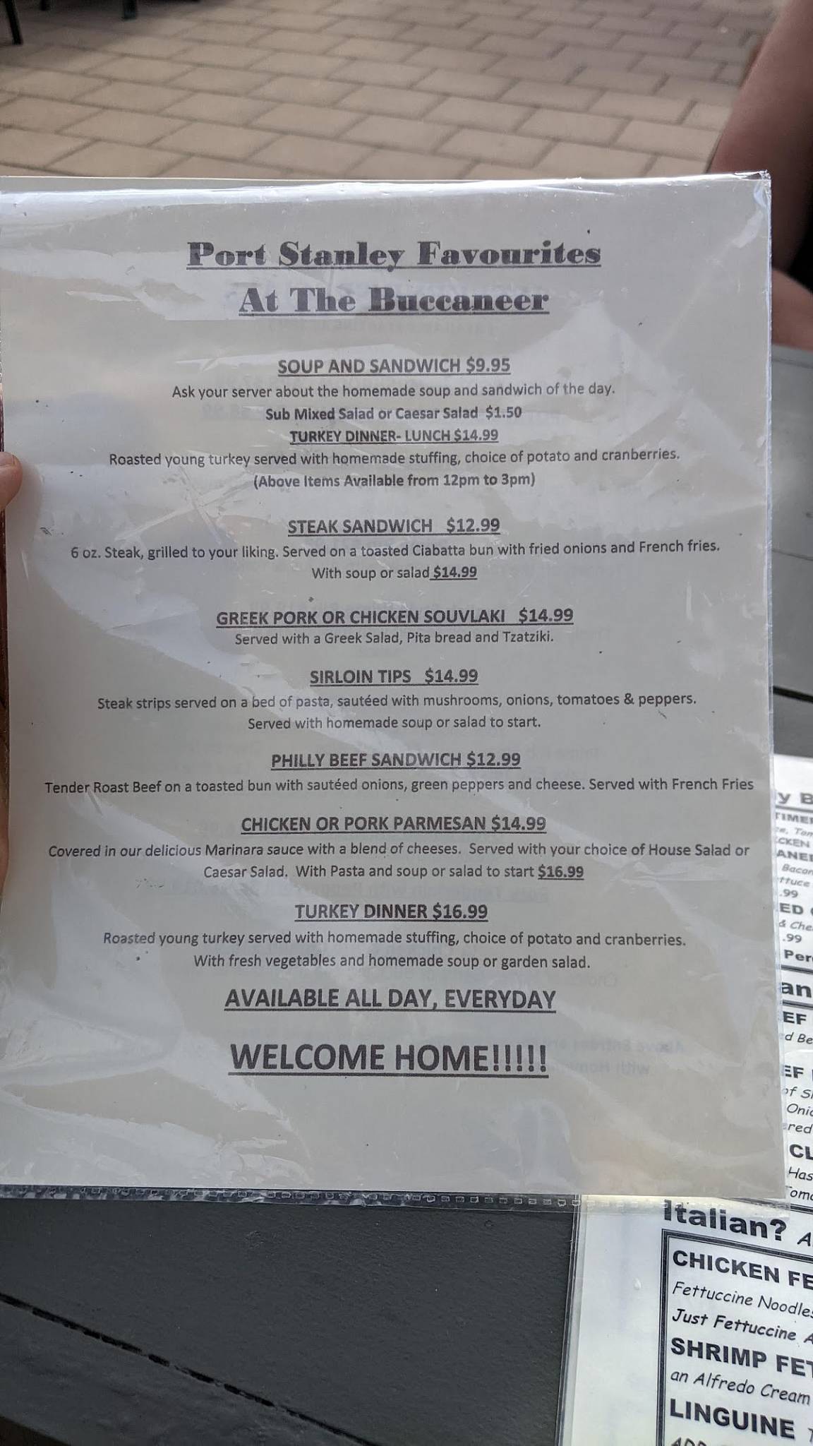 Menu at Buccaneer Bar and Grill, Port Stanley