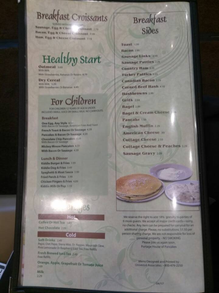 Menu at Portage House of Pancakes restaurant, Portage