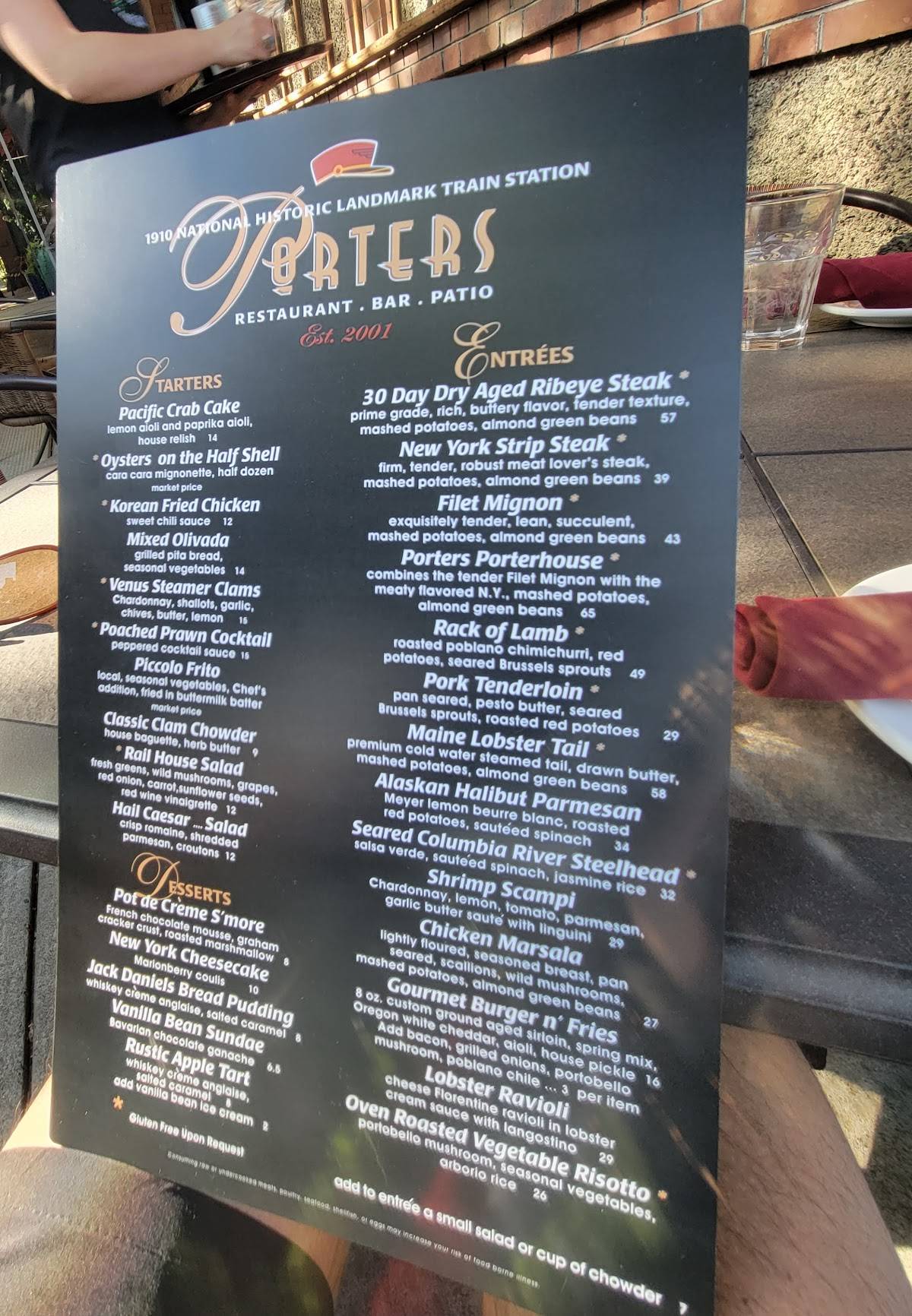 Menu at Porters - Dining At The Depot steakhouse, Medford