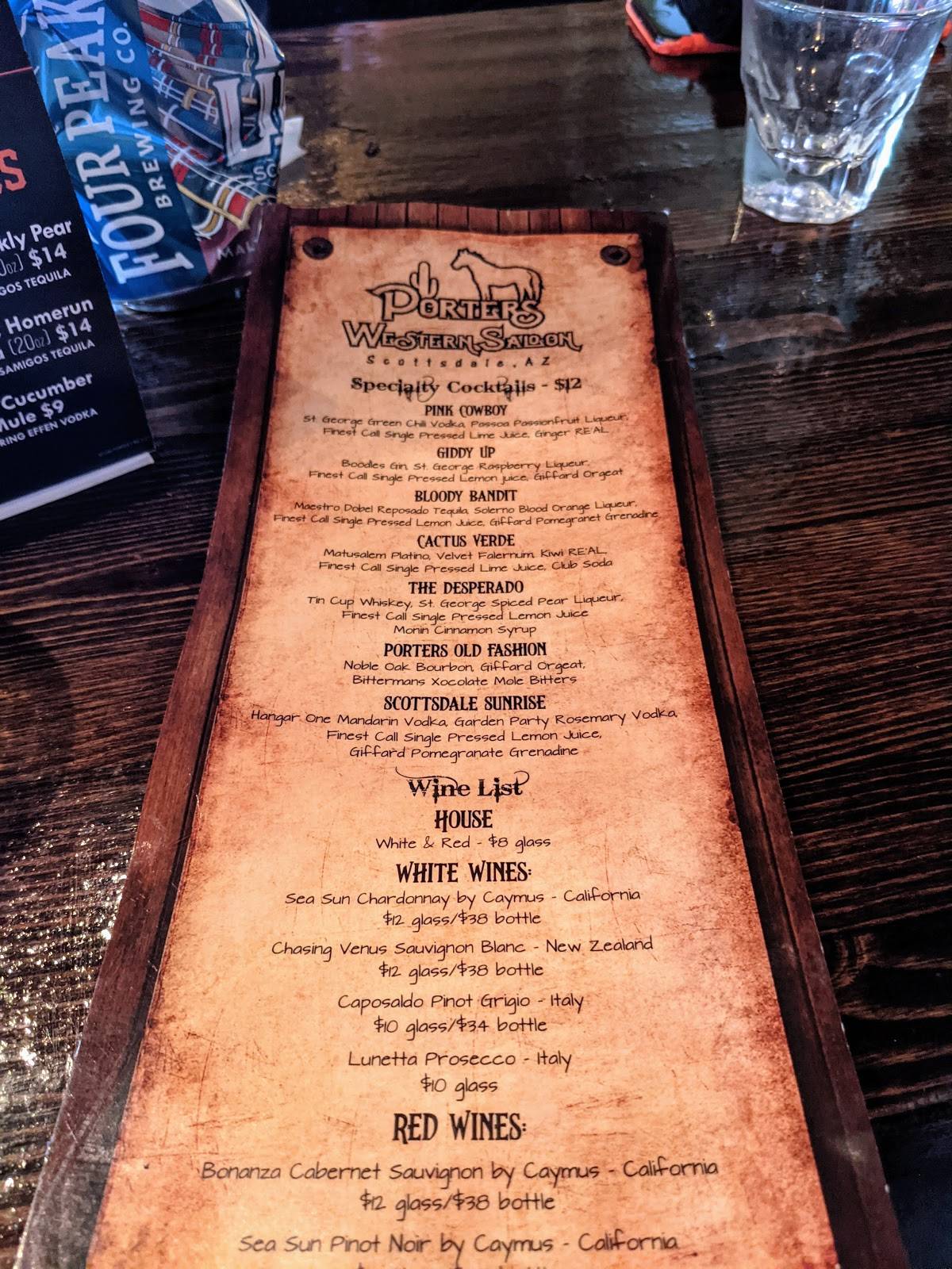 Menu at Porters Western Saloon pub & bar, Scottsdale