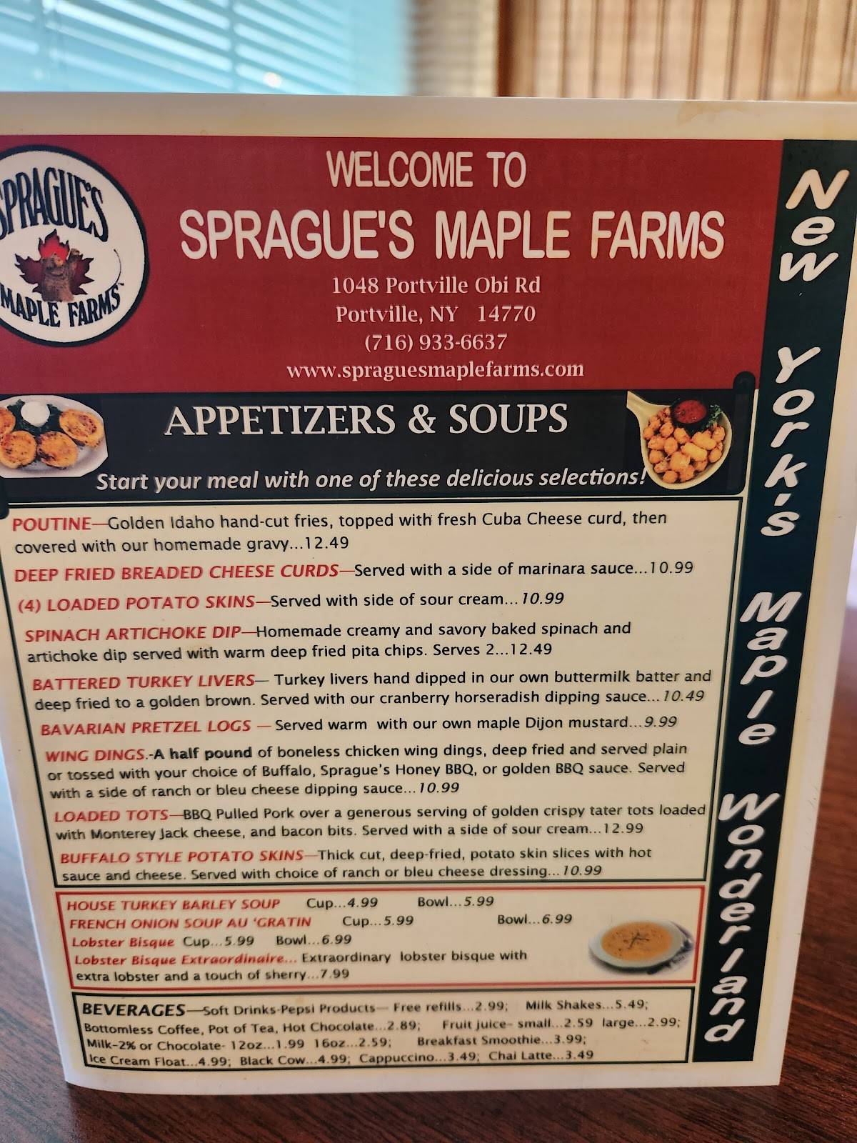 Menu at Sprague's Maple Farms restaurant, Portville