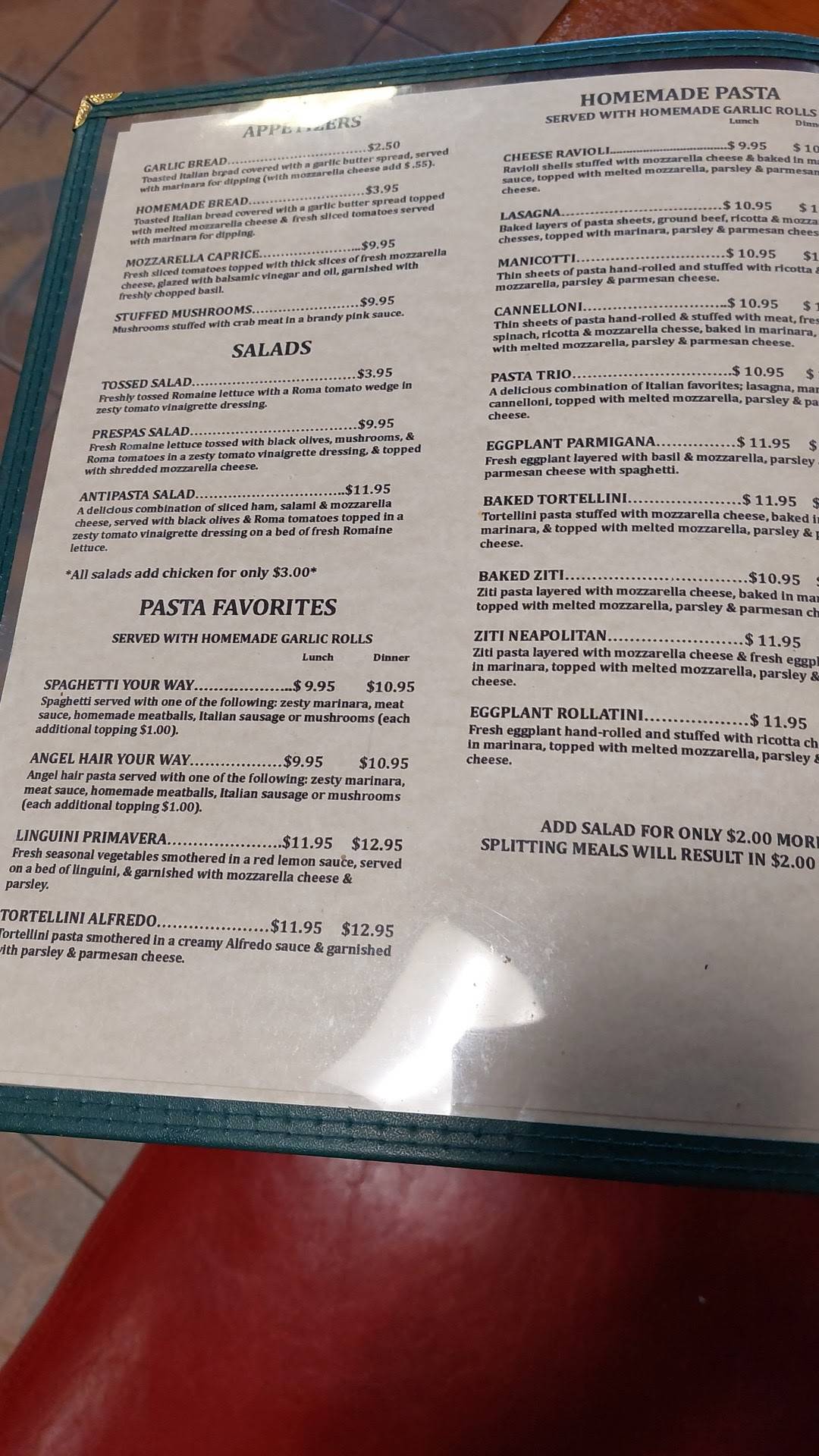 Menu at Prespa's Italian Restaurant 1, Arlington, W Arkansas Ln