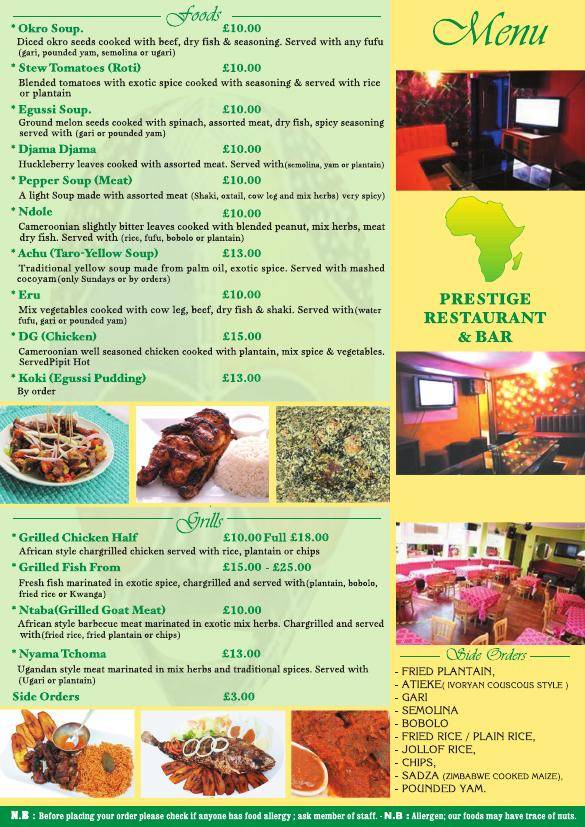 Menu at Prestige Restaurant & Bar Club, Birmingham