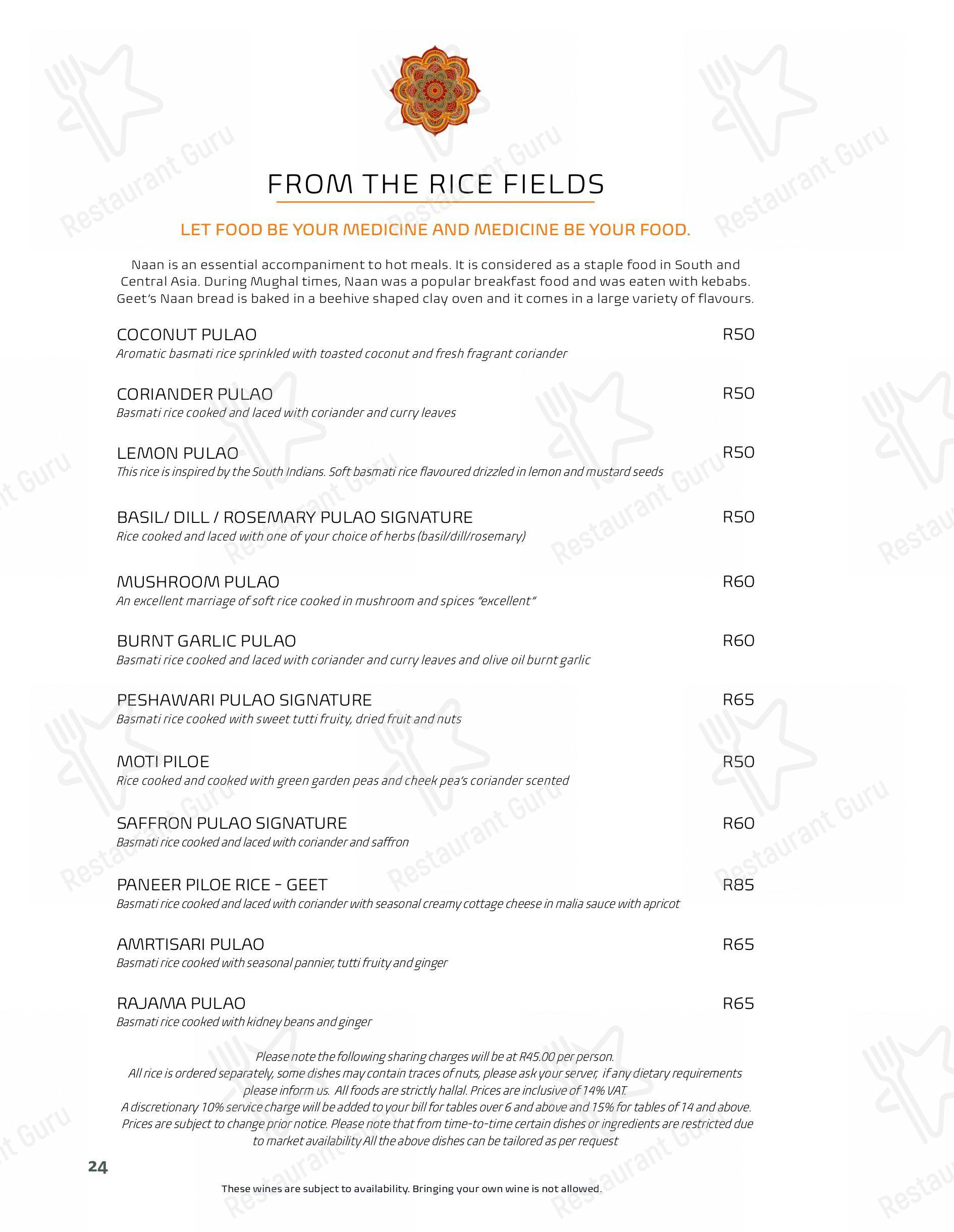 Menu at Geet Indian Restaurant, Pretoria