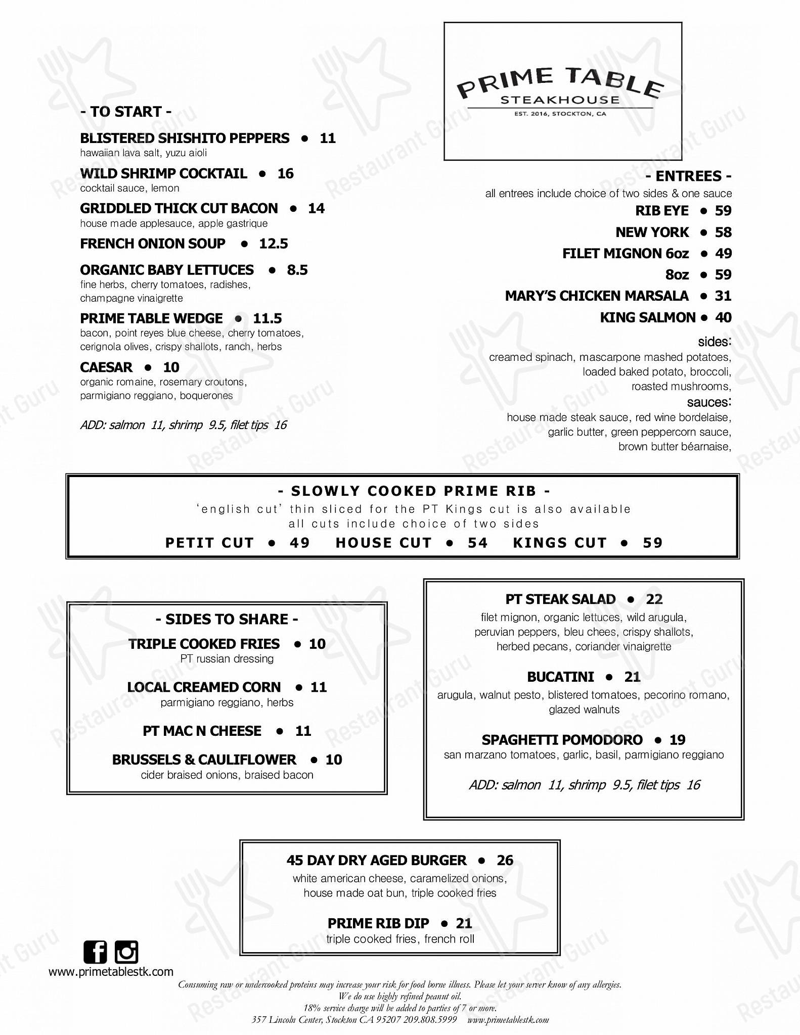 Carta de parrilla Prime Table Steak House, Stockton