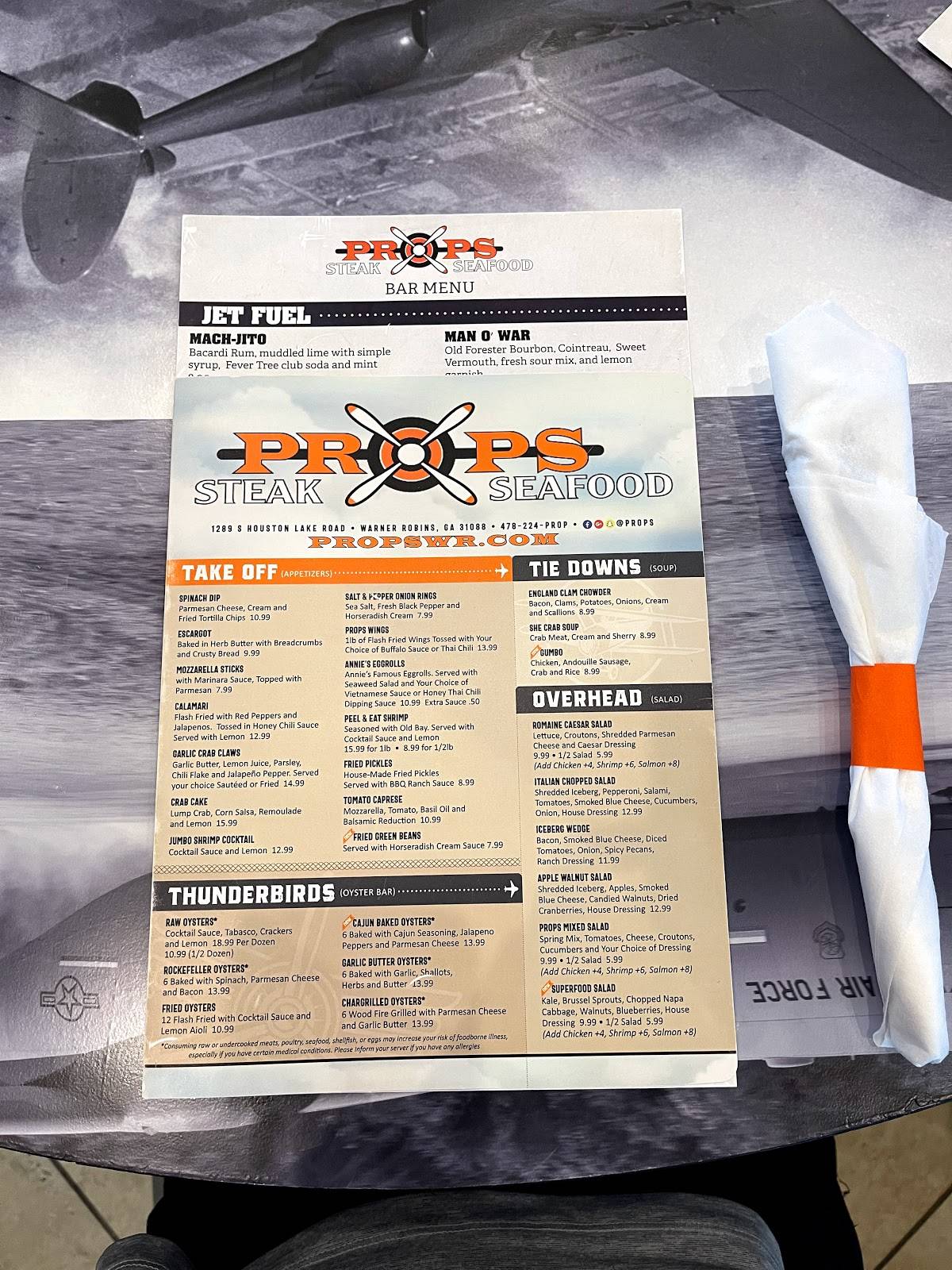 Menu at Props Steak and Seafood Restaurant, Warner Robins