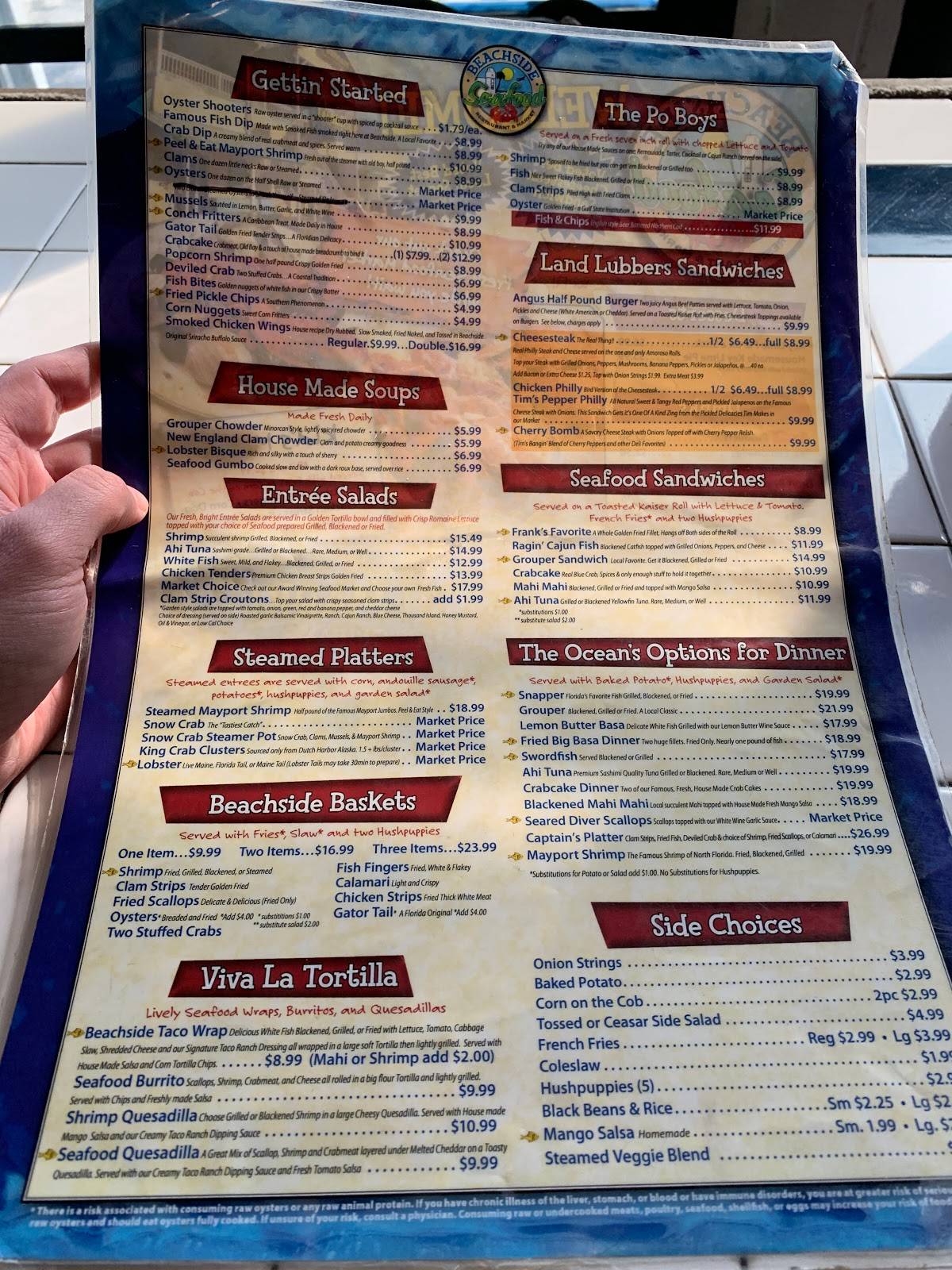 Menu at Beachside Seafood Restaurant & Market, Jacksonville Beach