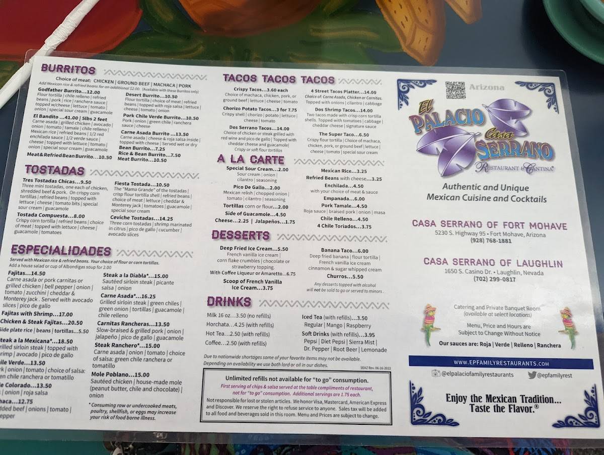 Menu at Casa Serrano Mexican Restaurant, Fort Mohave, AZ-95
