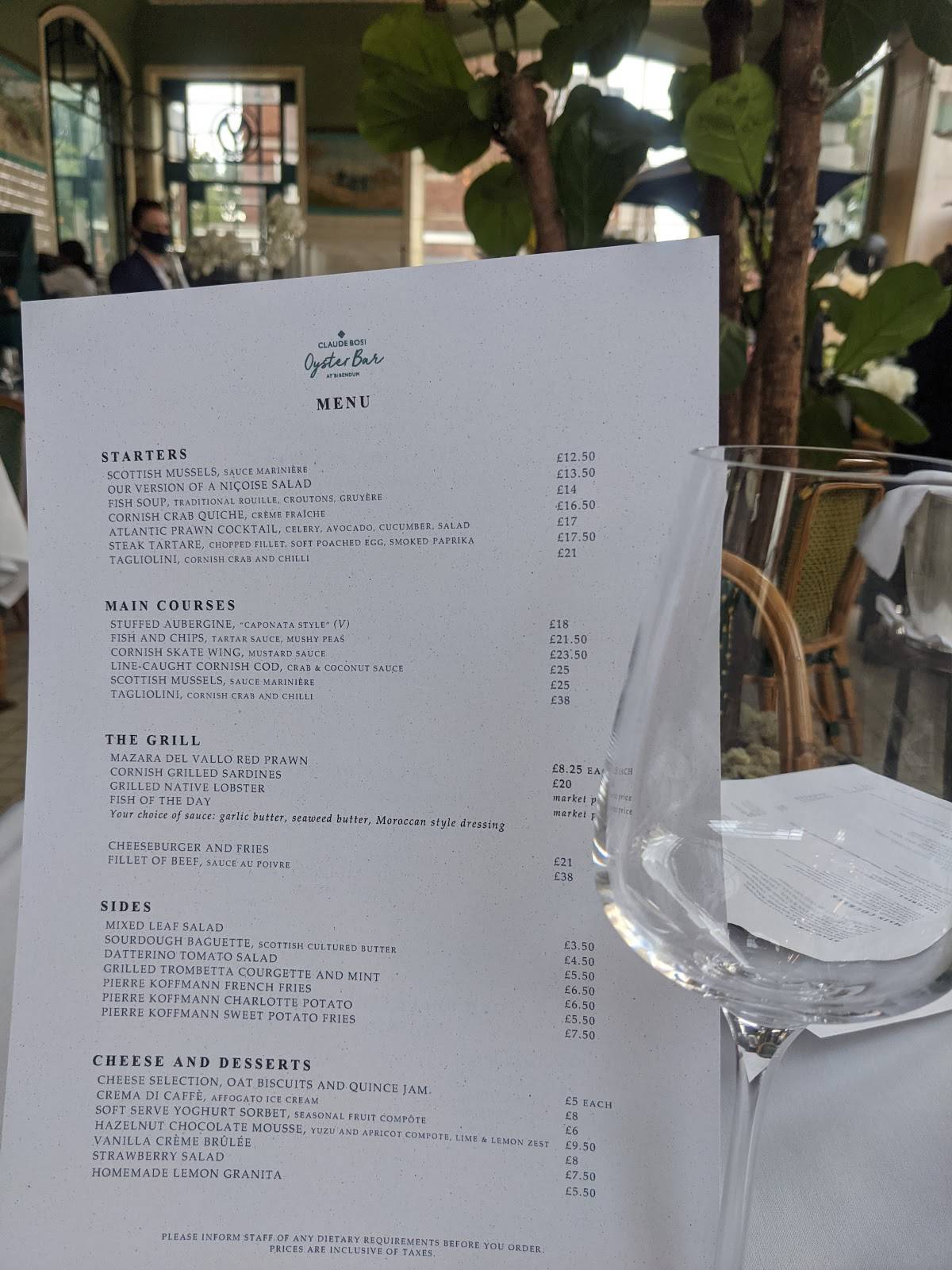 Menu at Claude Bosi at Bibendum pub & bar, London