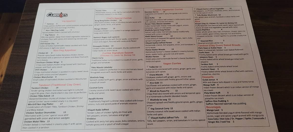 Menu at Curries Indian Cuisine and Bar, Yuma