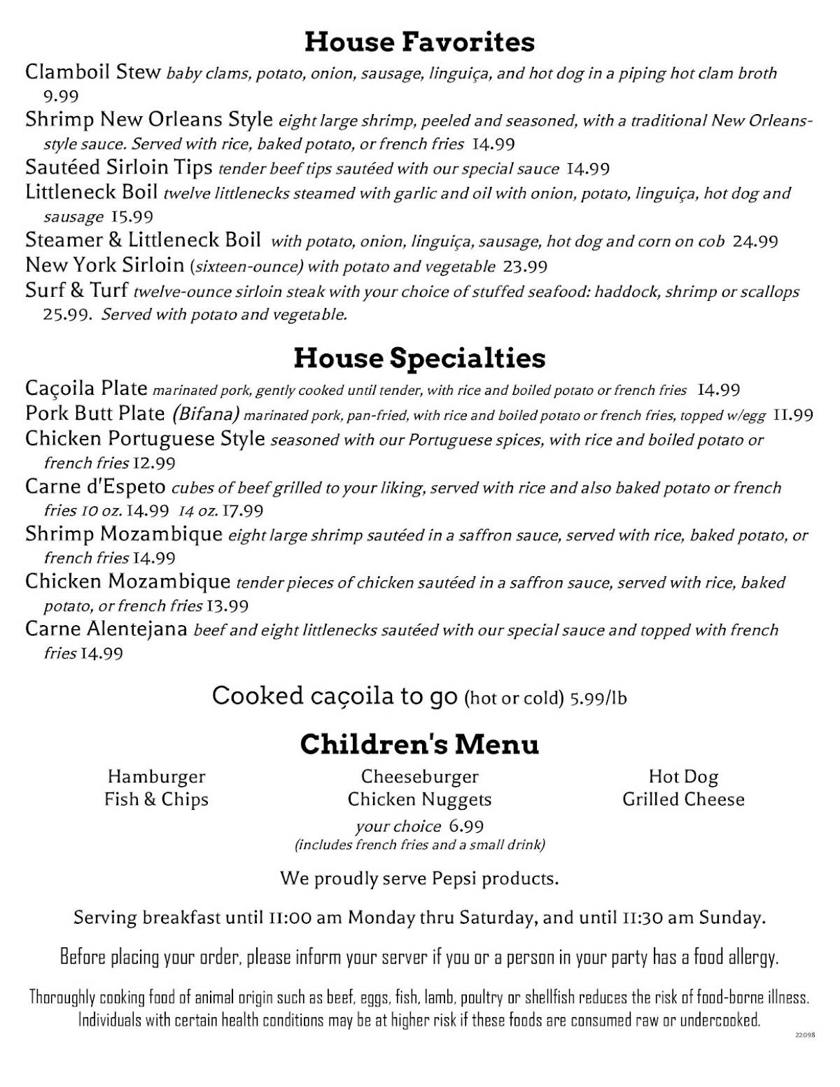 Menu at Danny's Seafood / Bar & Grille, New Bedford