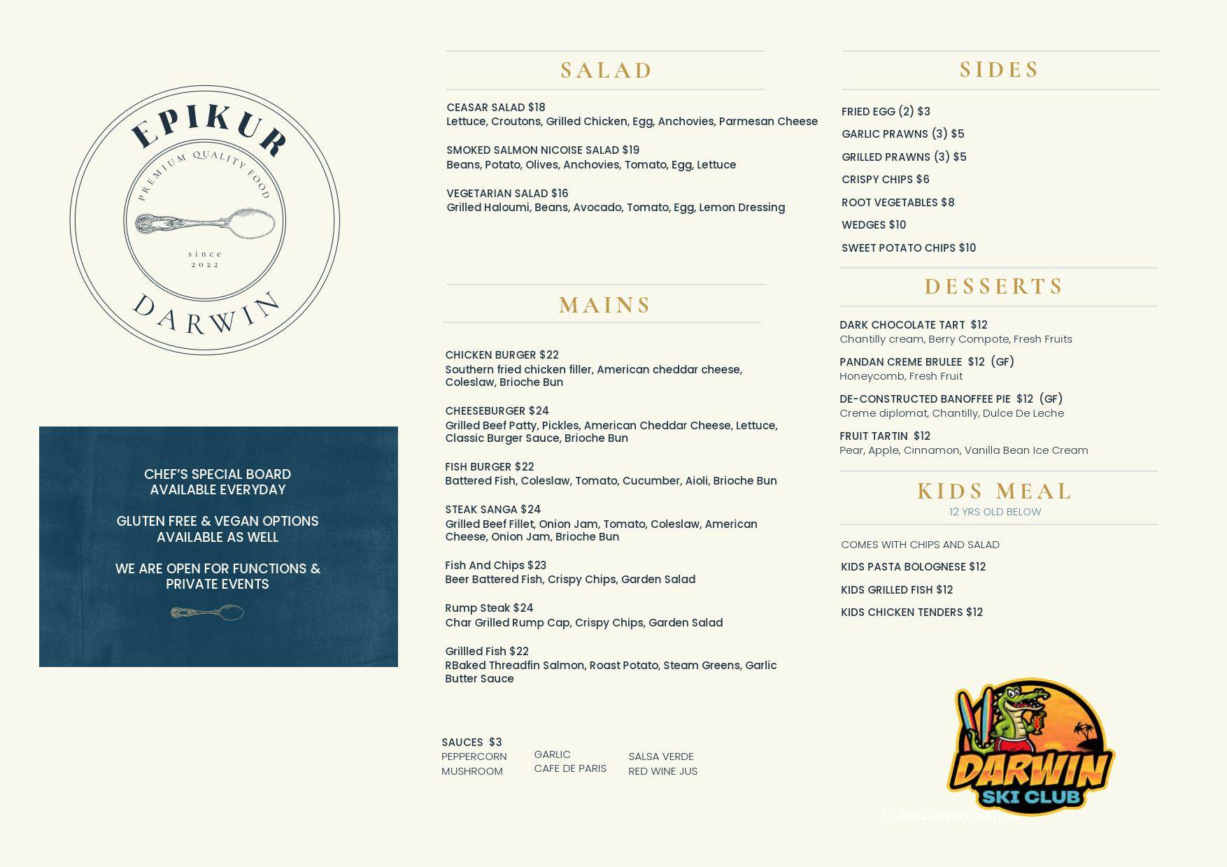 Menu at Darwin Ski Club, Darwin City