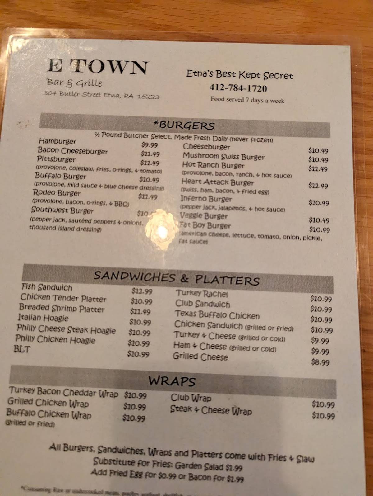 Menu at E Town Bar & Grill, Pittsburgh