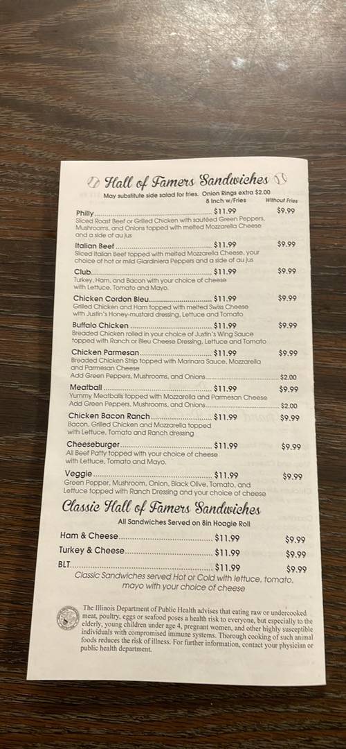 Menu at J W's 3rd Base pub & bar, Rock Falls