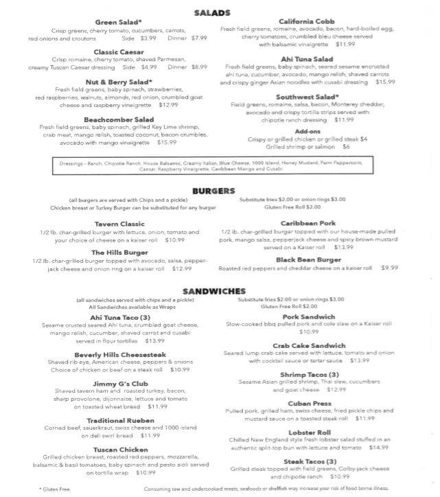 Menu at Jimmy G's Beverly Hills Tavern pub & bar, Sinking Spring